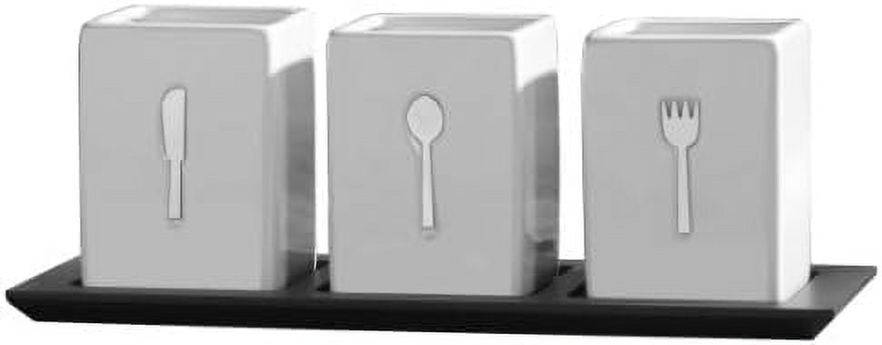 3-Piece Ceramic Caddy with Wood Tray, White, Black - Walmart.com