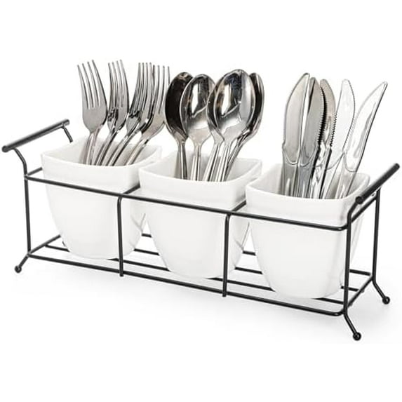 3-Piece Ceramic Flatware Caddy with Metal Rack, Utensil Holder ...