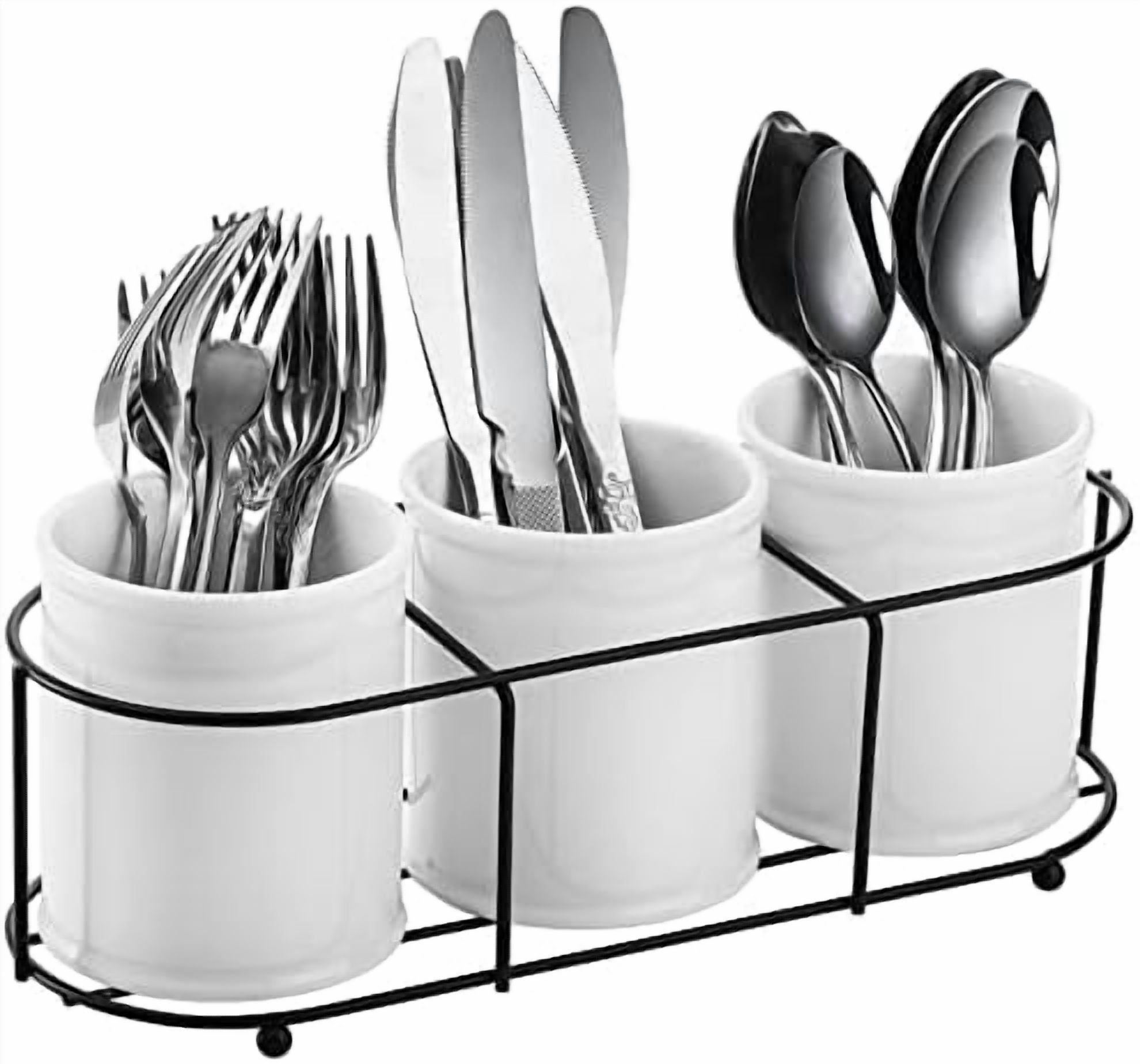 3-Piece Ceramic Silverware Caddy with Metal Rack, Utensil Holder ...