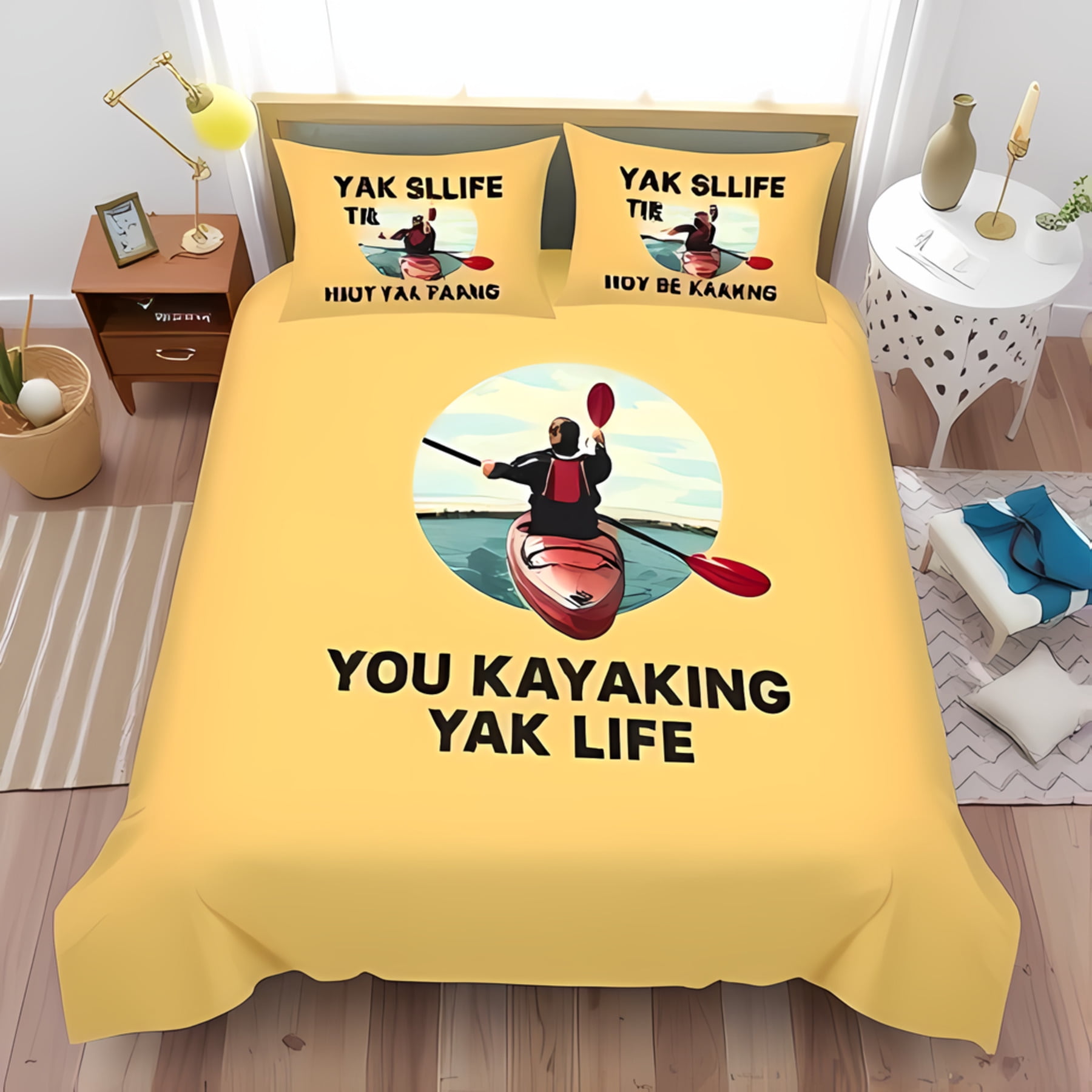 3-Piece Cheerful Yellow Kayaking Duvet Cover Set with Whimsical Design ...