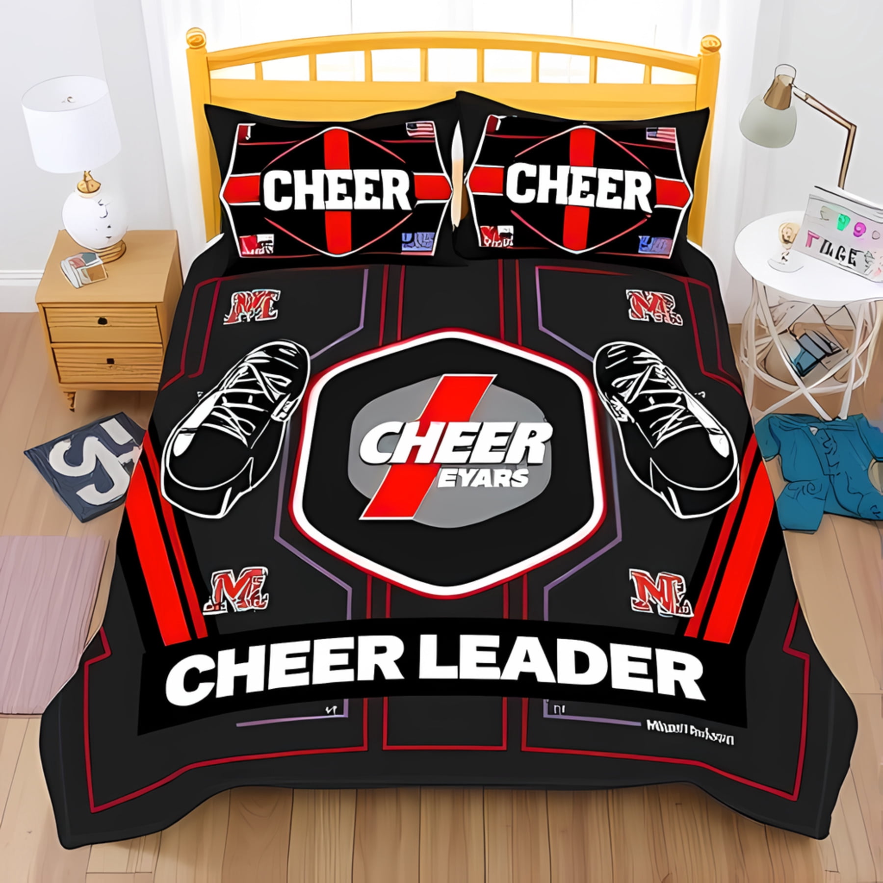 3-Piece Cheerleader Duvet Cover Set - Black Comforter with Bold 'CHEER ...