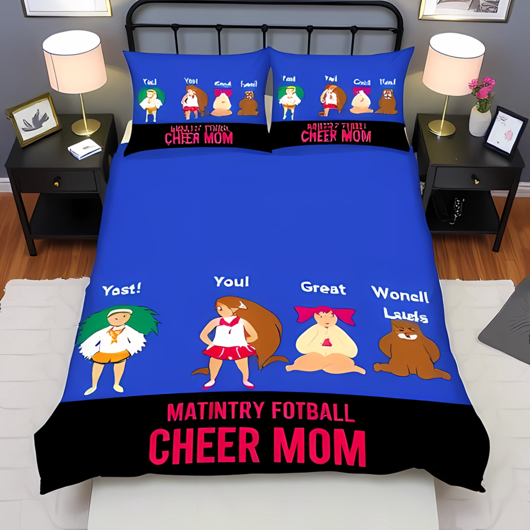 3-Piece Cheerleading Duvet Cover Set with Blue Bedspread Fun Characters ...