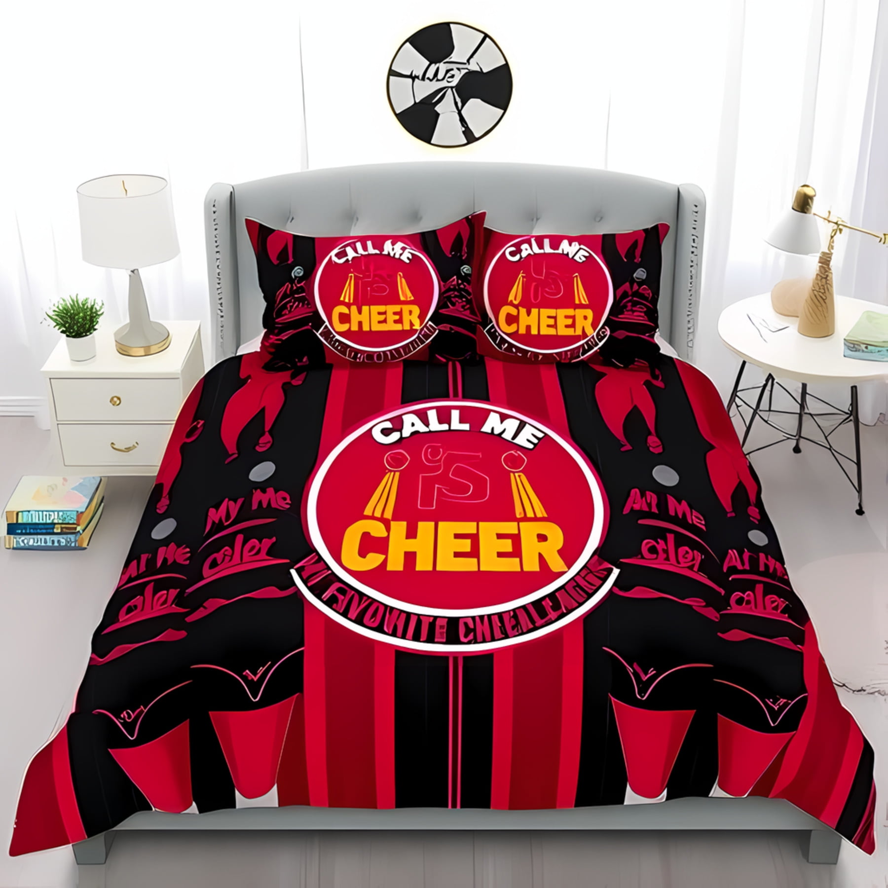 3-Piece Cheerleading Duvet Cover Set - Bold Red & Black Design with ...