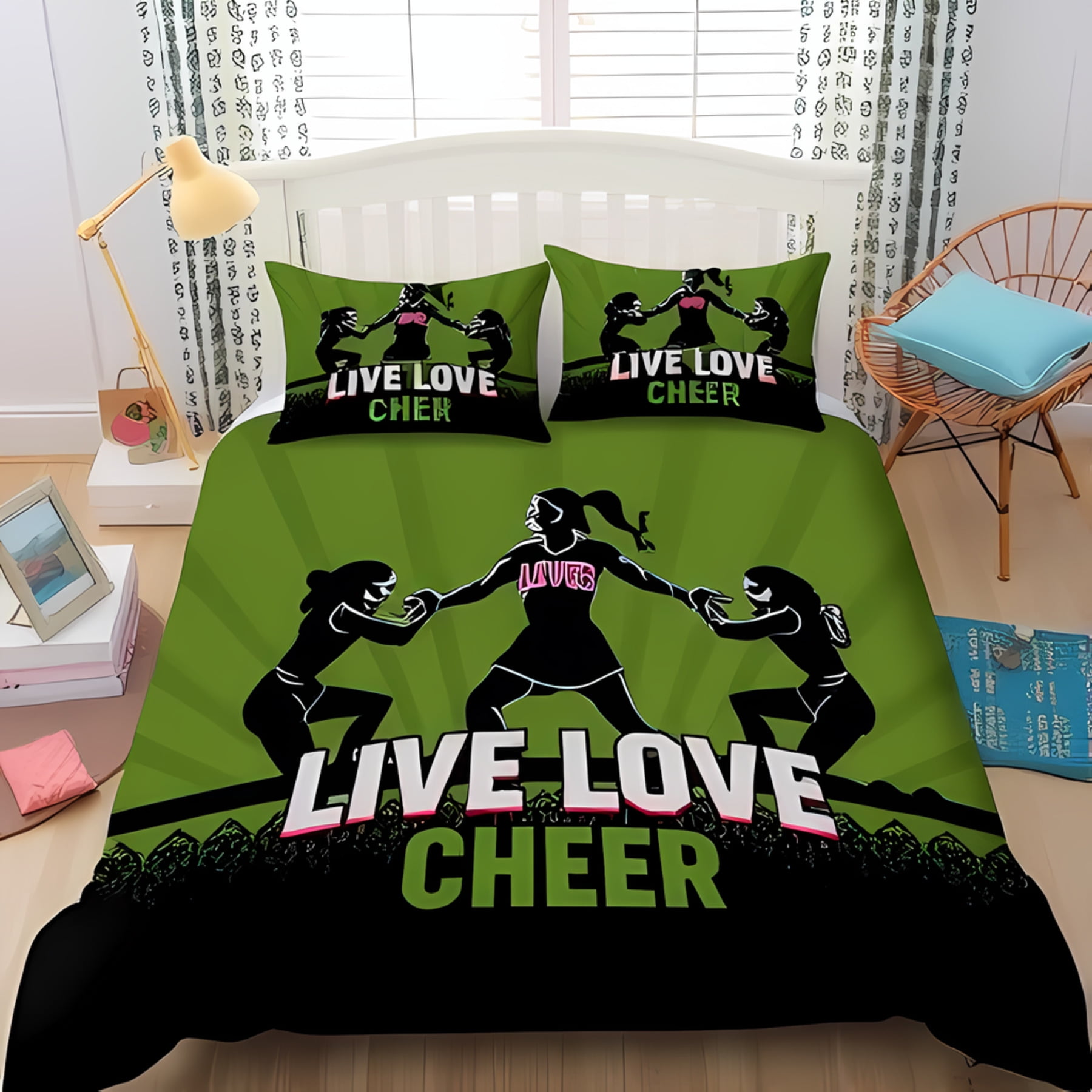 3-Piece Cheerleading Duvet Cover Set - Vibrant Green Motivational "LIVE ...