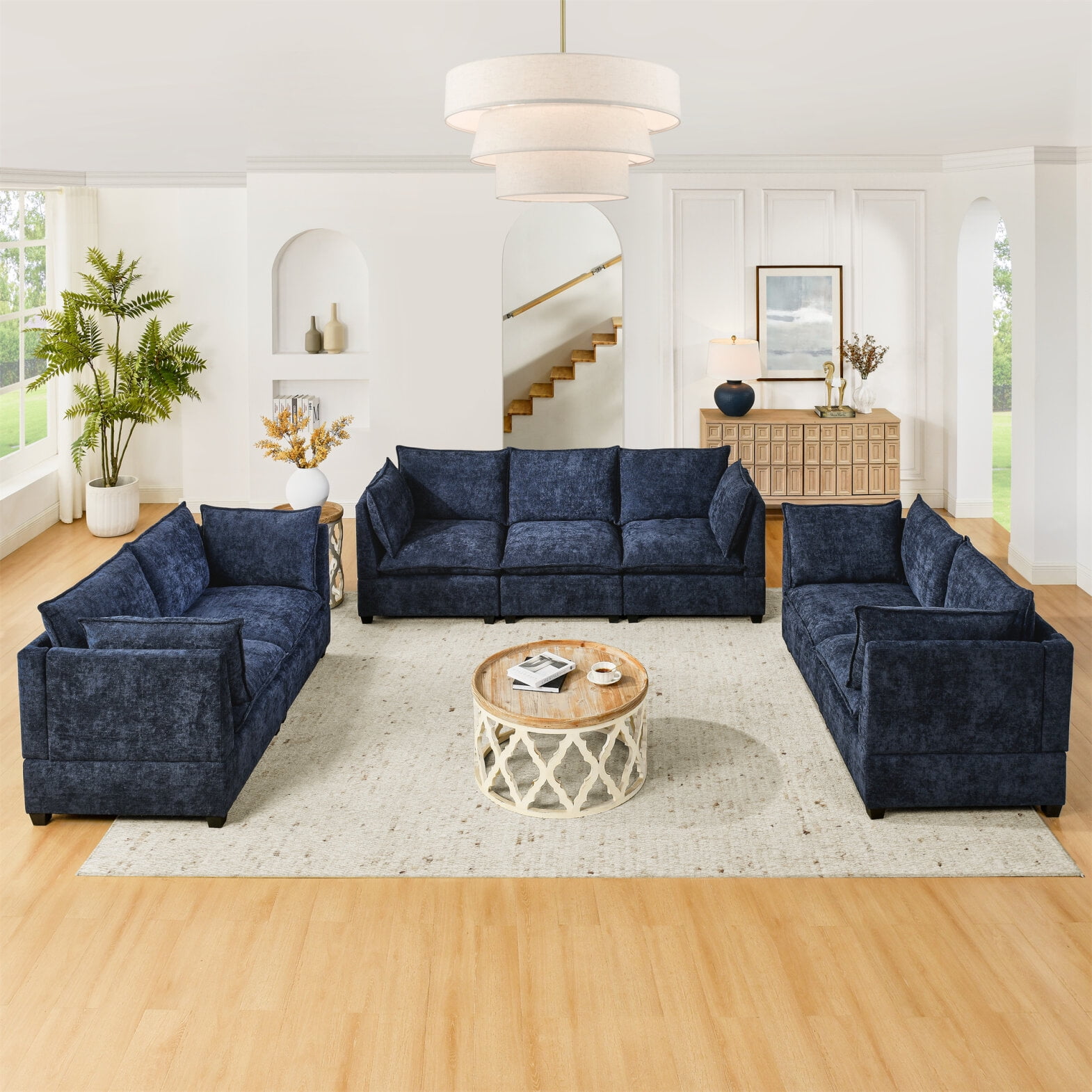 3-Piece Chenille Fabric Sofa Set with Plush Cushions, Sturdy Frame ...