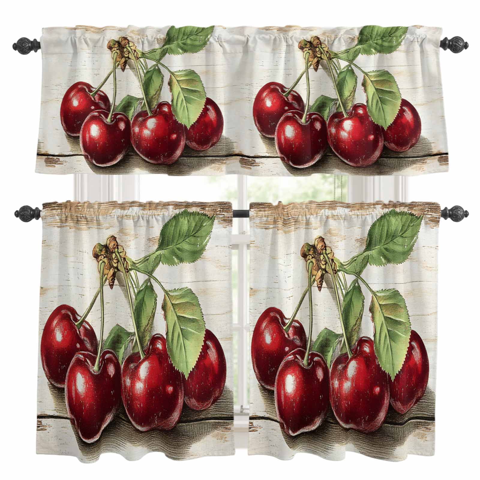 3 Piece Cherry Watercolor Red Fruit Kitchen Curtain Valance and Tiers ...