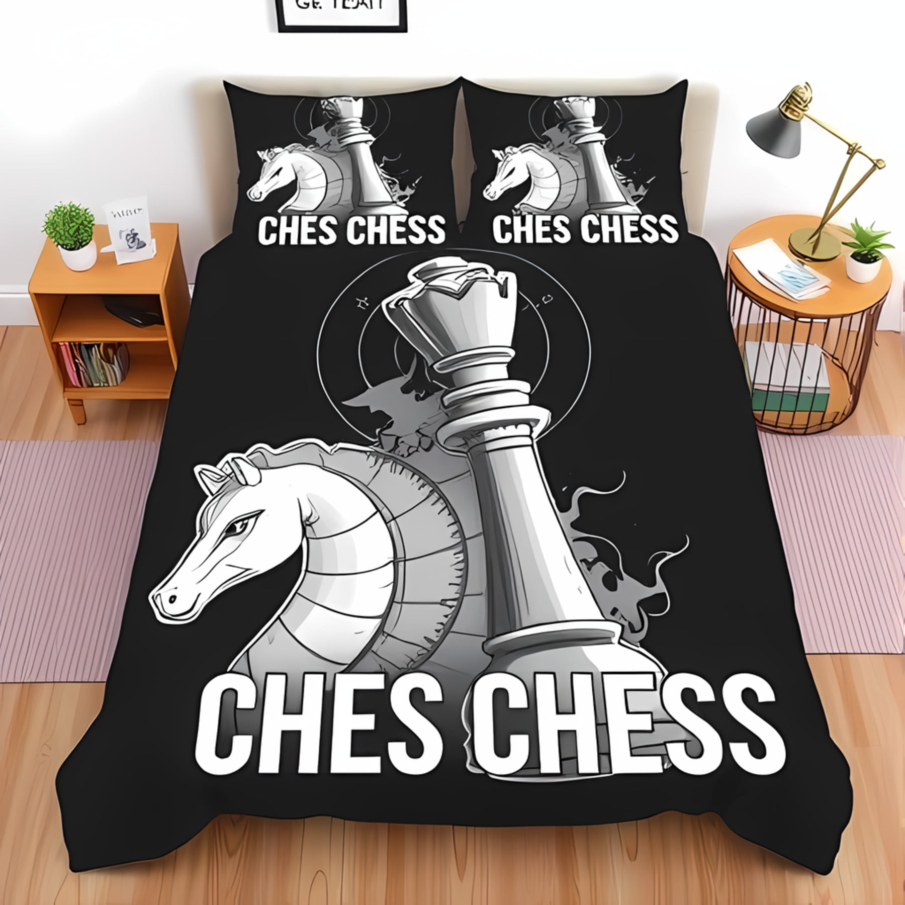 3-Piece Chess Themed Duvet Cover Set - Bold Black Comforter Design Playful 'CHES CHESS' Text ...