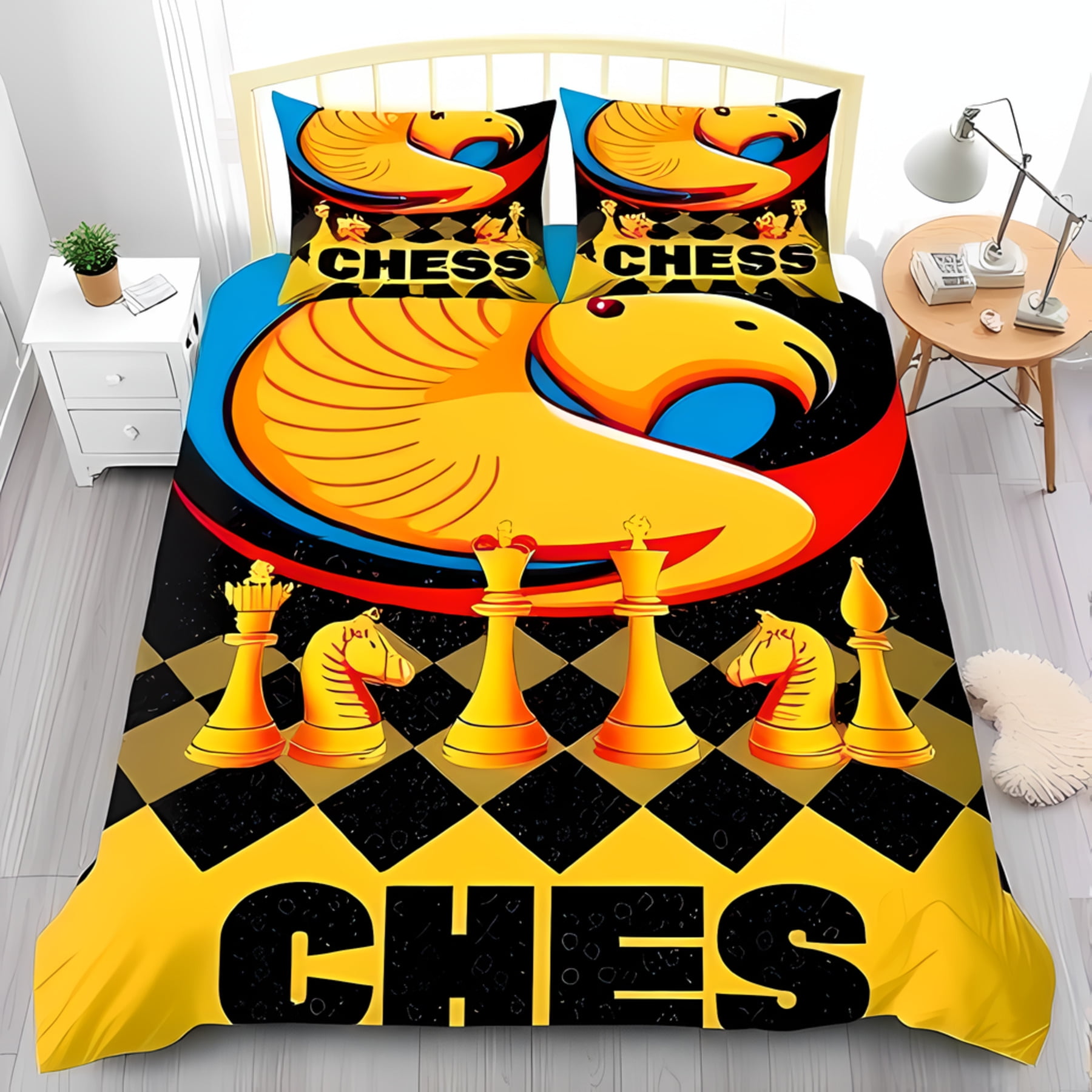 3-Piece Chess Themed Duvet Cover Set - Bold Black & Yellow Design with ...