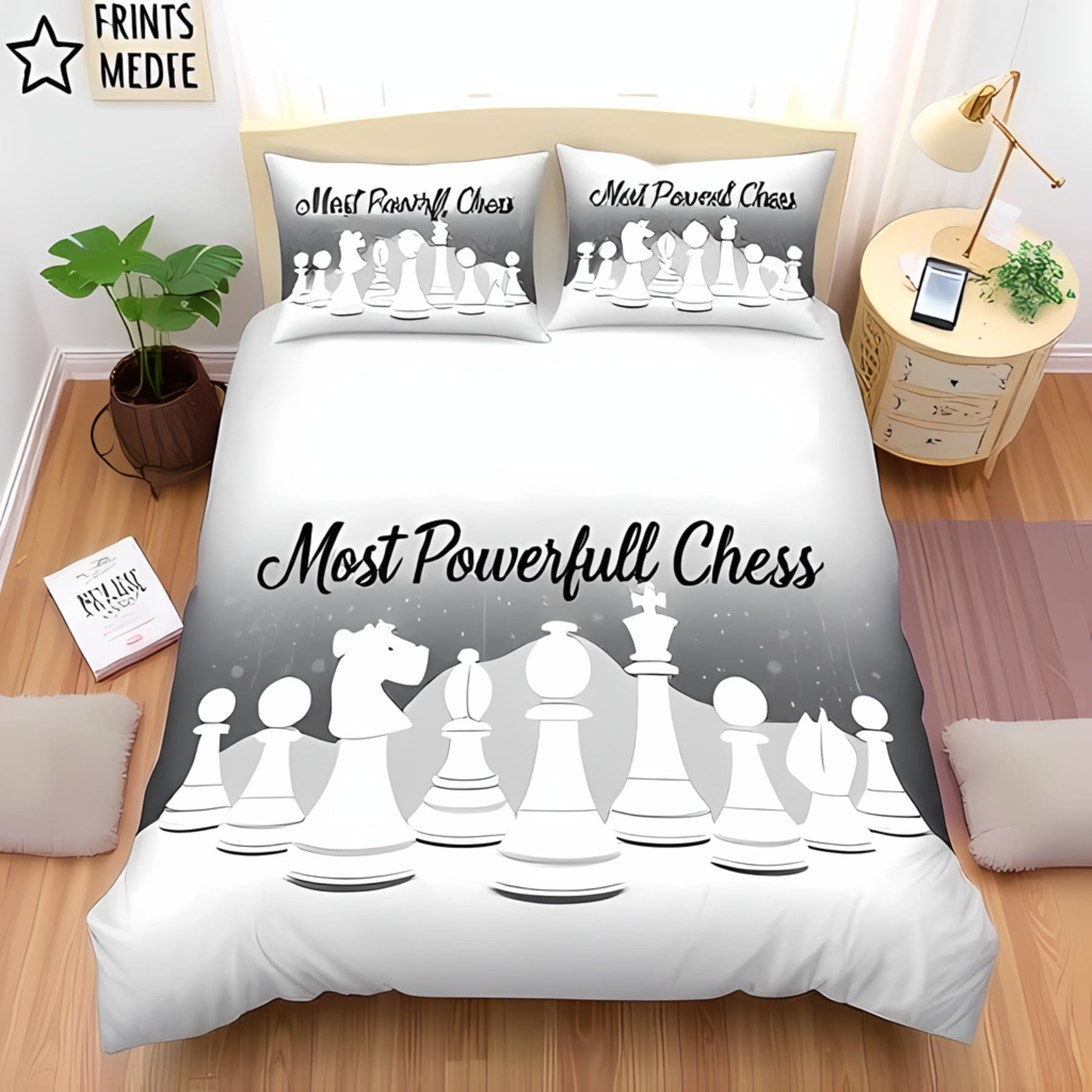 3-Piece Chess Themed Duvet Cover Set - Monochrome Black & White Design with " Most Powerful ...
