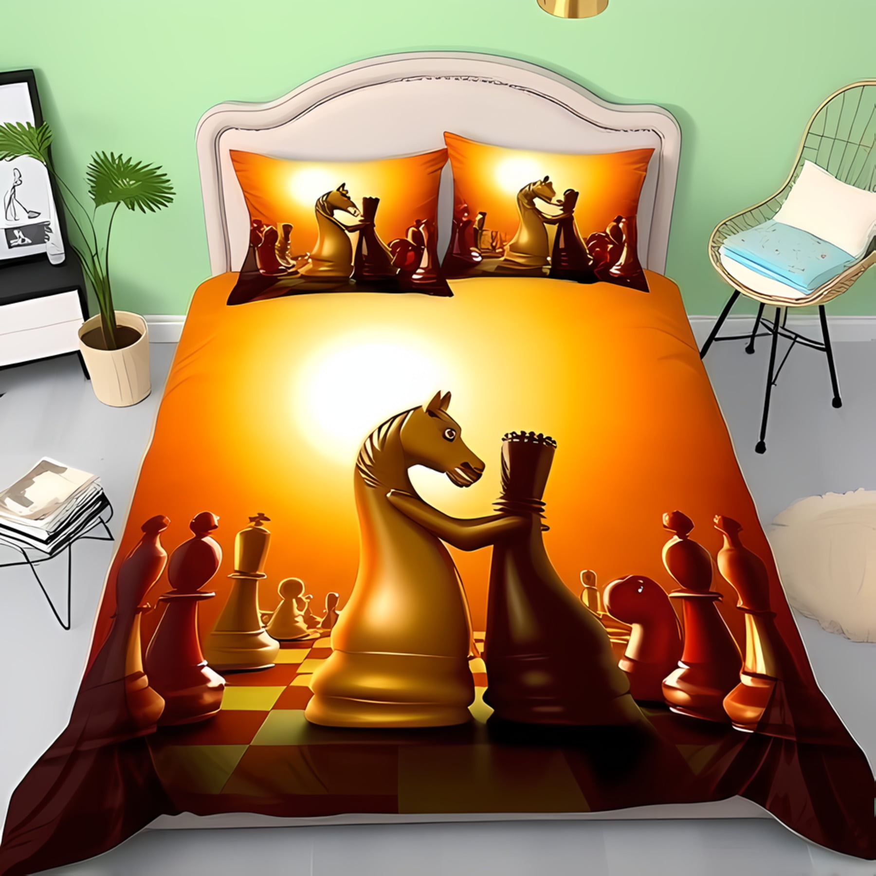 3-Piece Chess Themed Duvet Cover Set with Golden & Queen Vibrant Sunset ...