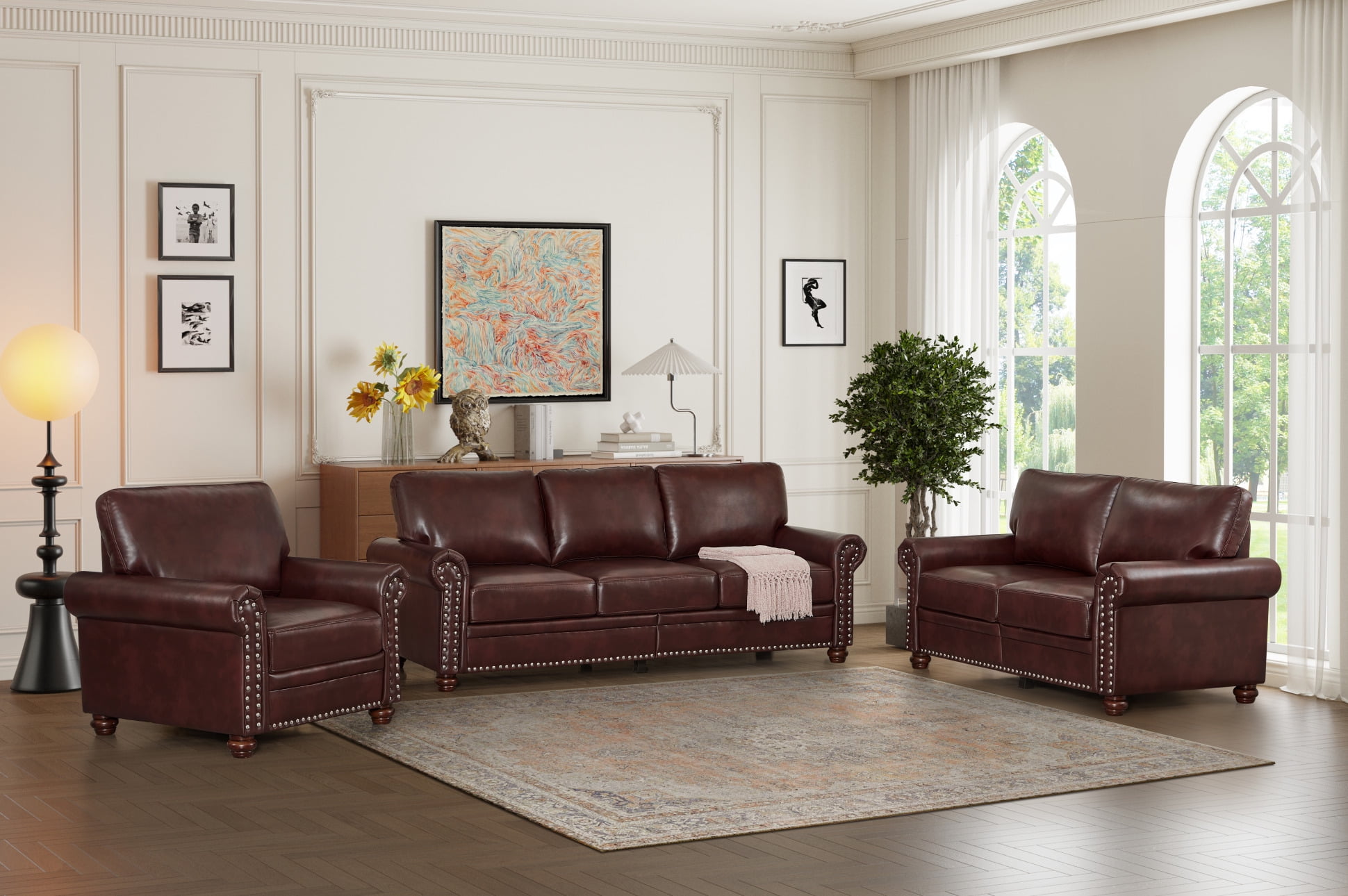3 Piece Chesterfield Sofa Set with Storage, PU Leather Loveseat 3 ...
