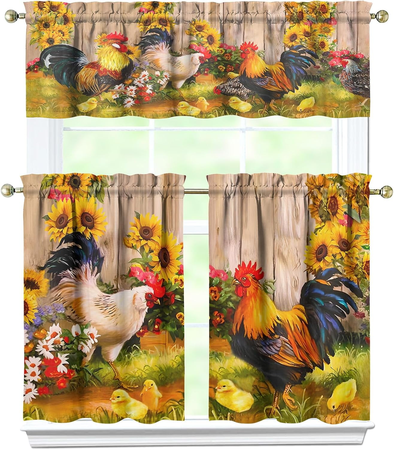 3 Piece Chicken Kitchen Curtains and Valances Set for Windows Rooster ...