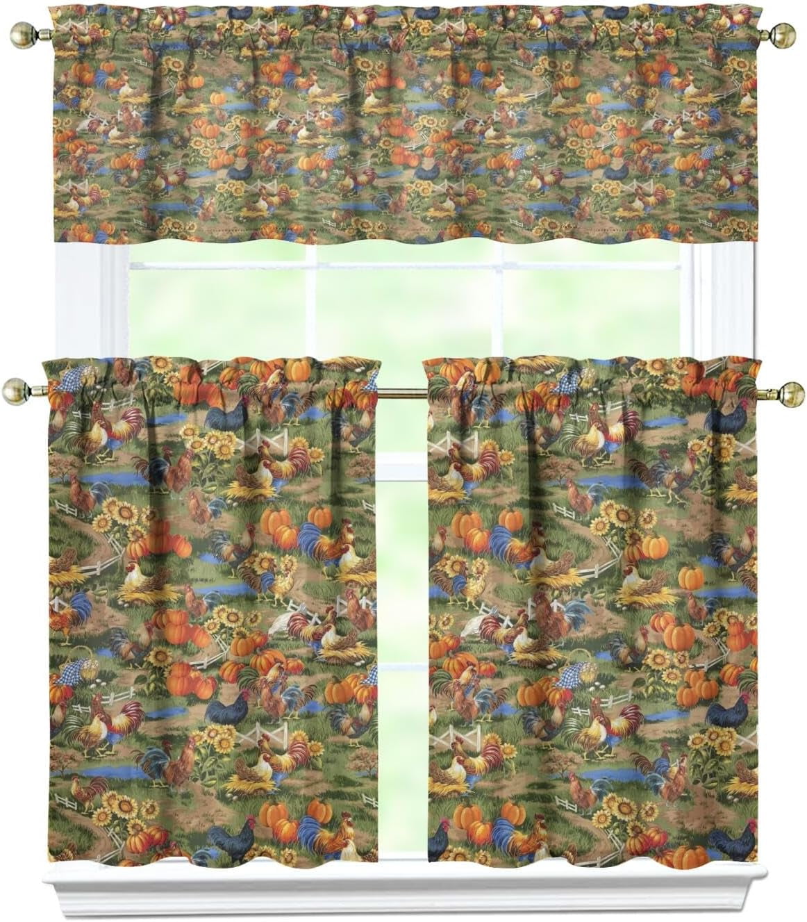 3 Piece Chicken Kitchen Curtains and Valances Set for Windows Rooster ...