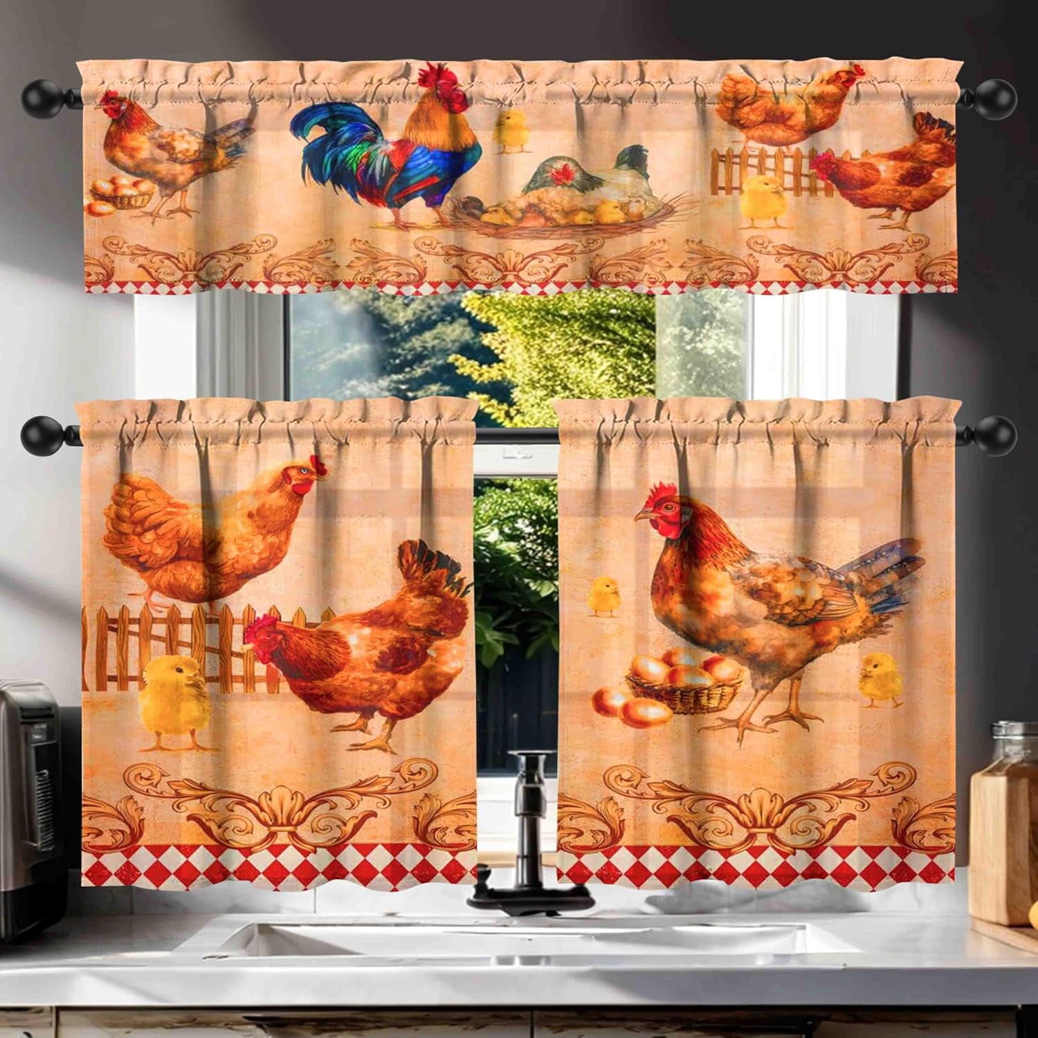 3 Piece Chicken Kitchen Curtains and Valances Set for Windows Rooster ...