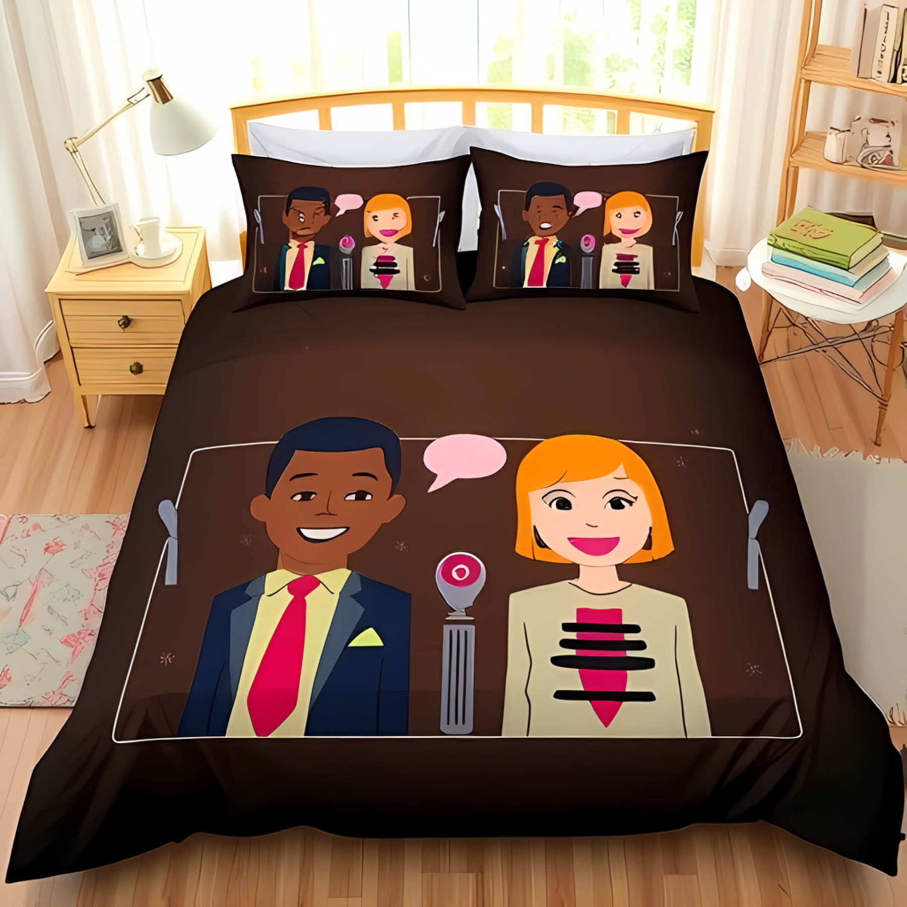 3-Piece Chocolate Brown Duvet Cover Set with Playful Cartoon Couples as ...