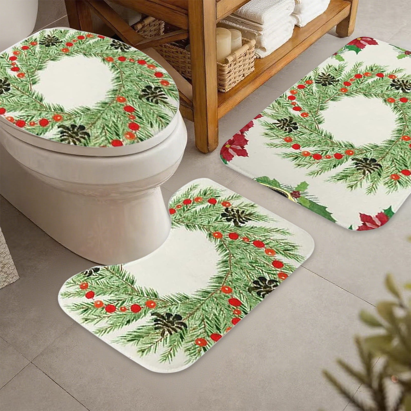 3-Piece Christmas Bathroom Set with Long Floor Mat, U Shaped Toilet Rug ...