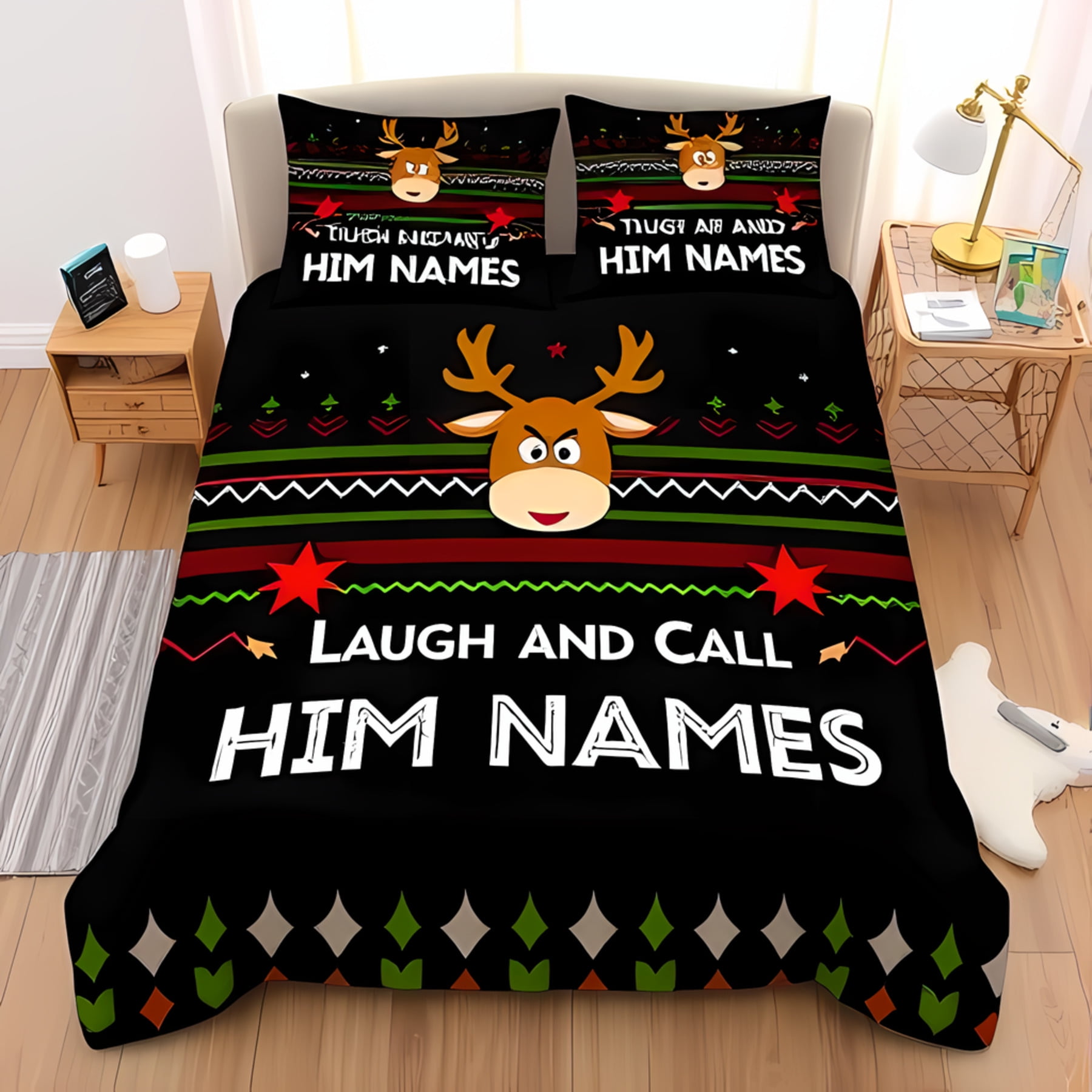 3-Piece Christmas Duvet Cover Set - Black Background with Reindeer ...