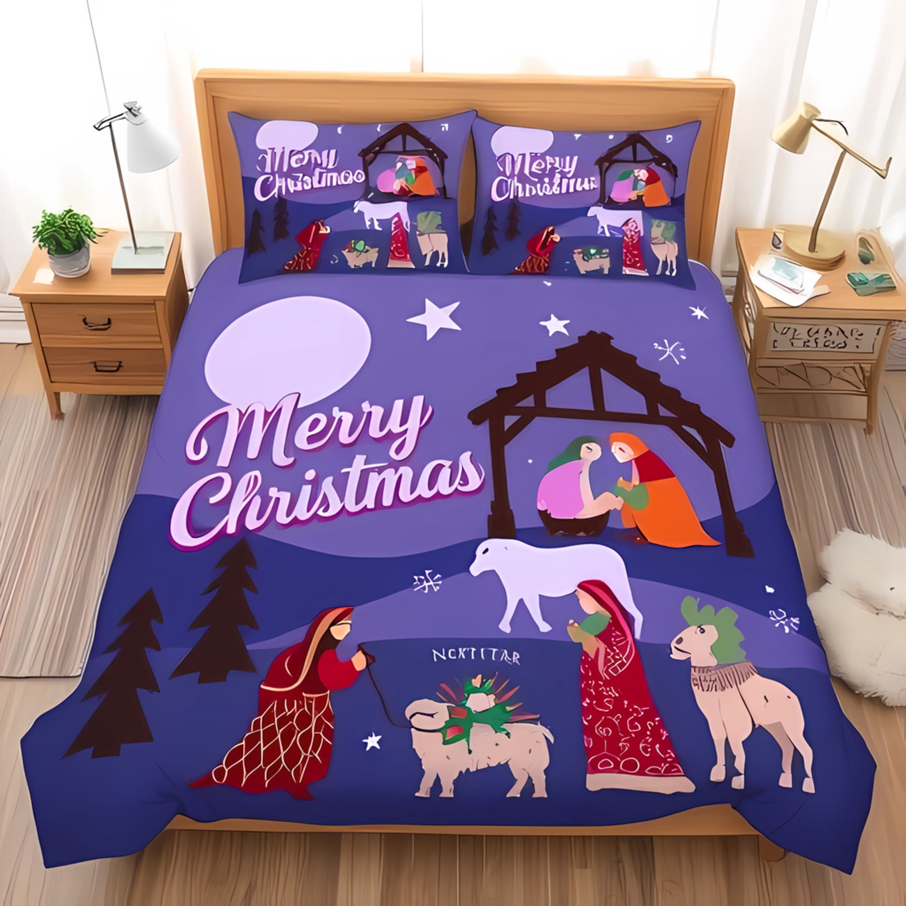 3-Piece Christmas Duvet Cover Set - Nativity Scene with Purple ...
