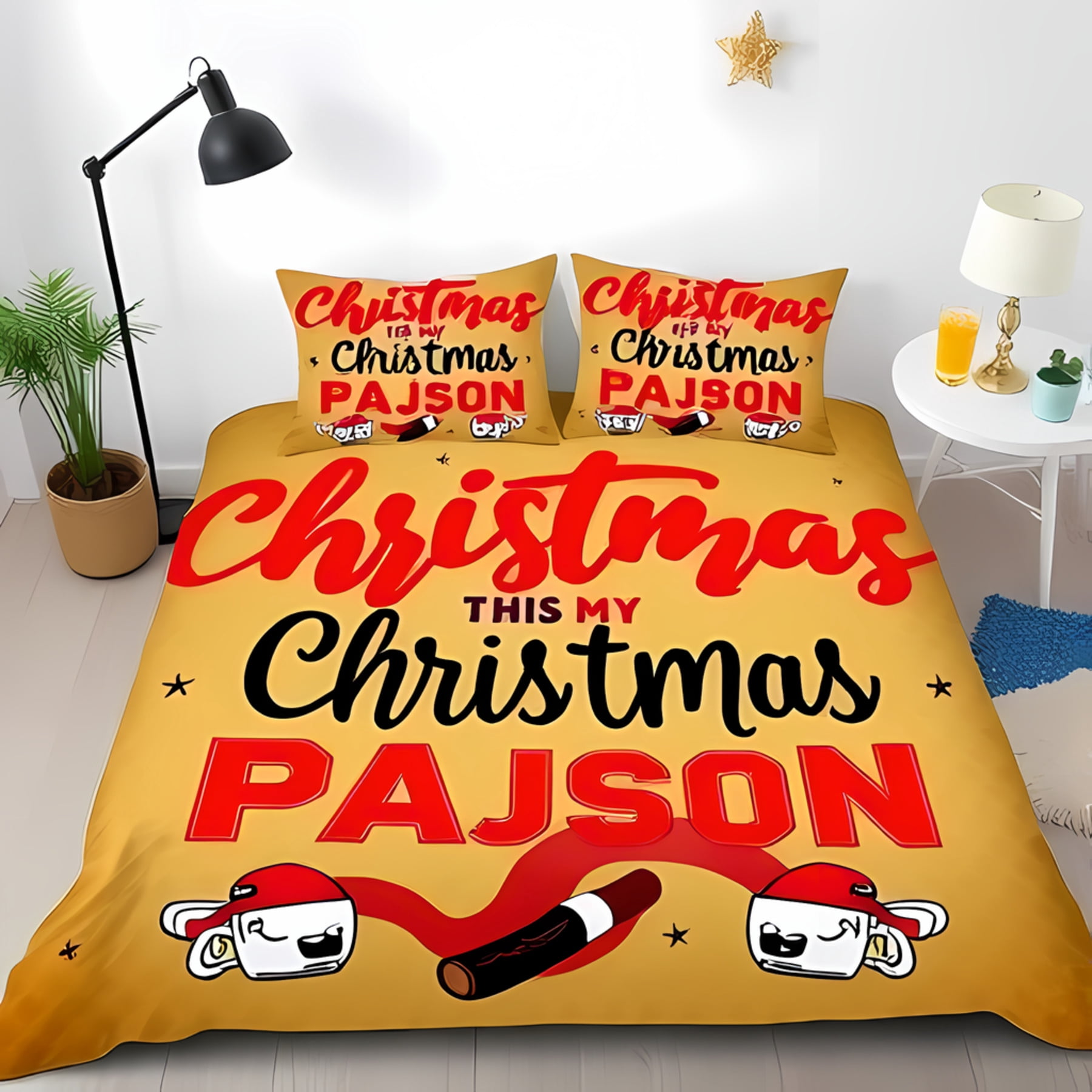 3-Piece Christmas Duvet Cover Set - Vibrant Golden Background with Bold ...