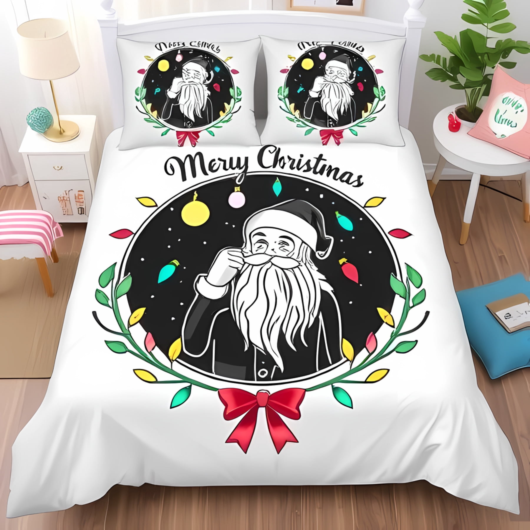 3-Piece Christmas Duvet Cover Set - White Santa Claus Sketch with ...