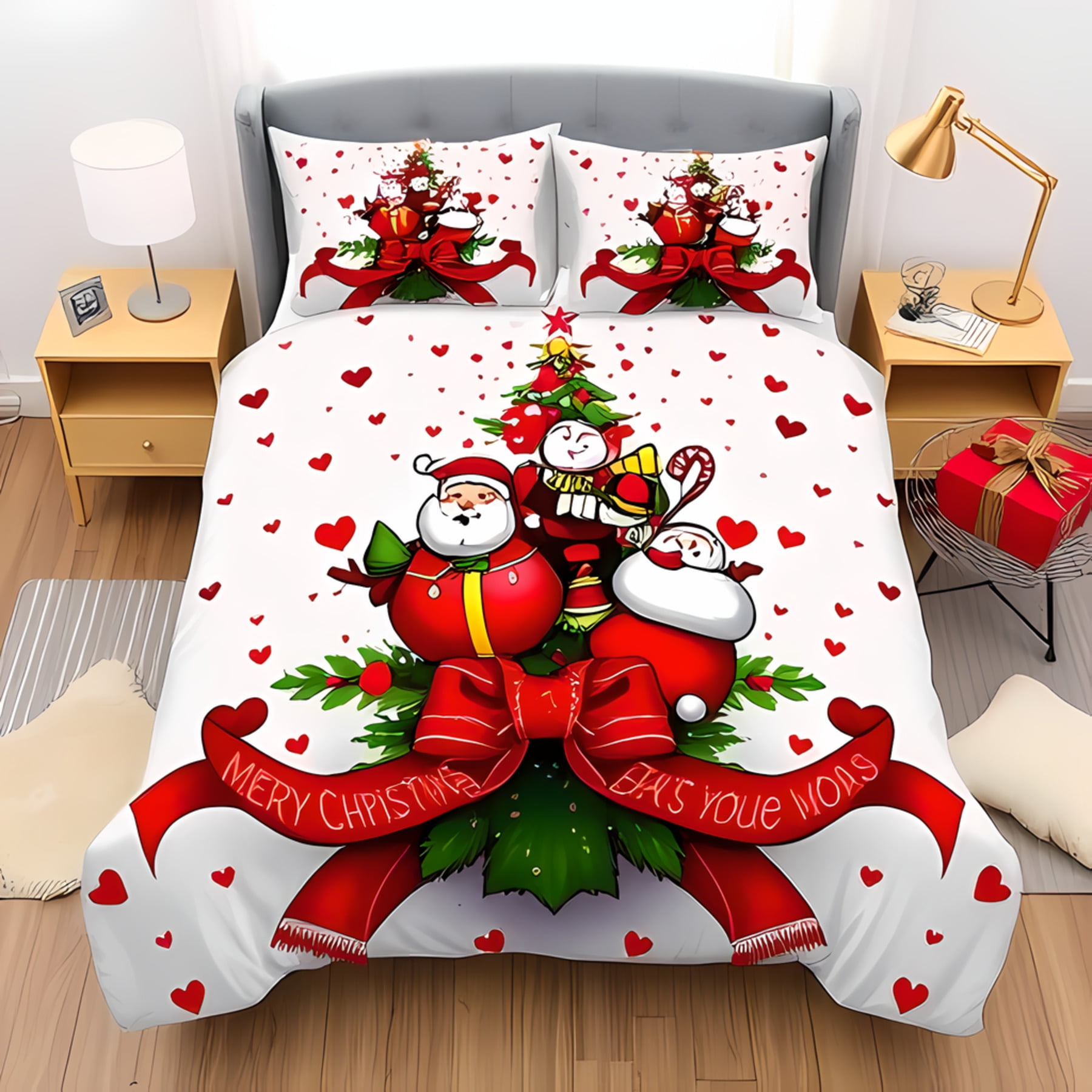 3-Piece Christmas Duvet Cover Set - White with Red Hearts Festive Tree ...