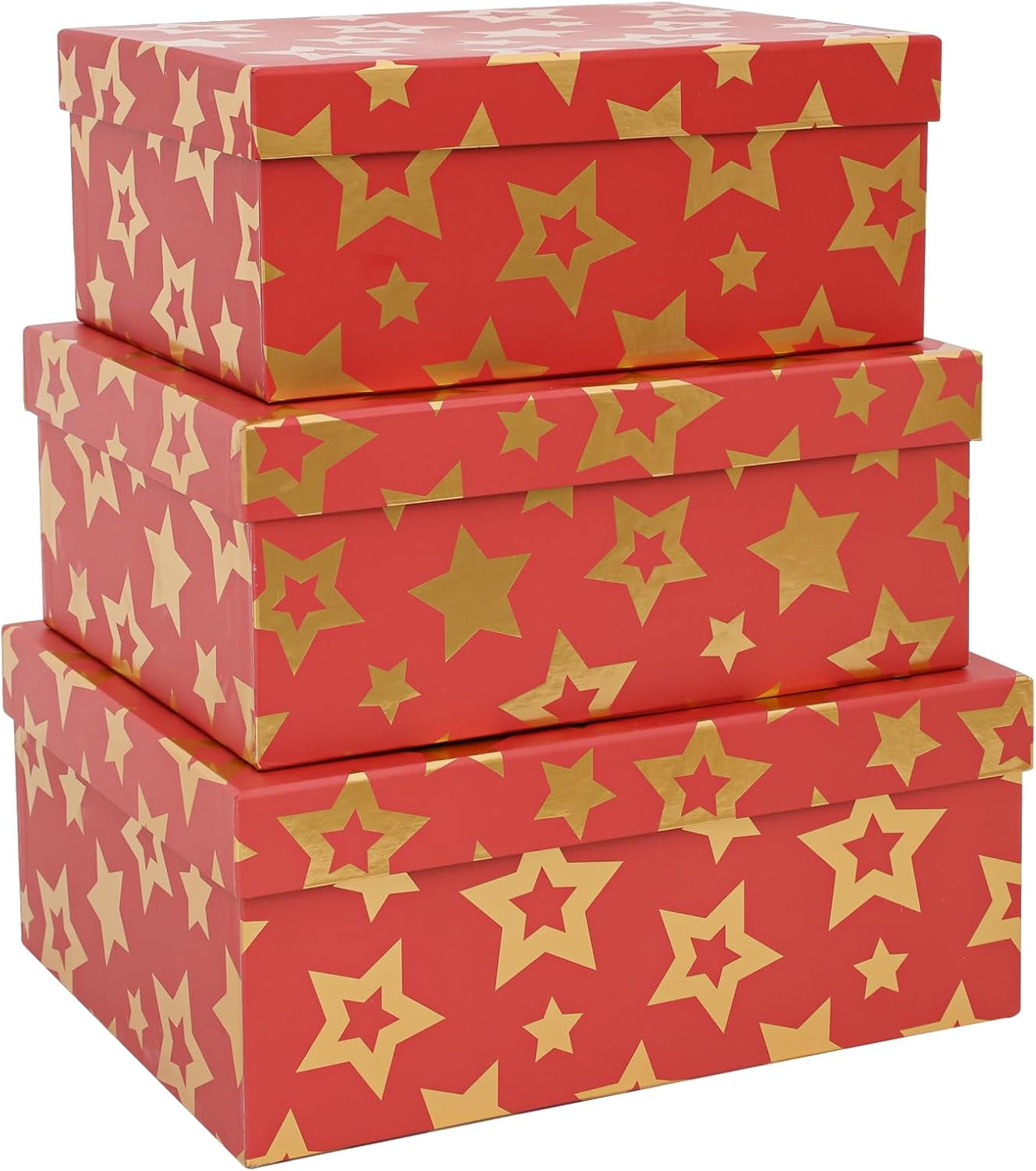 3-Piece Christmas Gifts Boxes with Lids for Presents, Red Gold Star ...