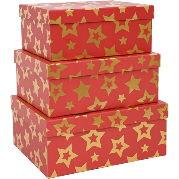 3-Piece Christmas Gifts Boxes with Lids for Presents, Red Gold Star ...