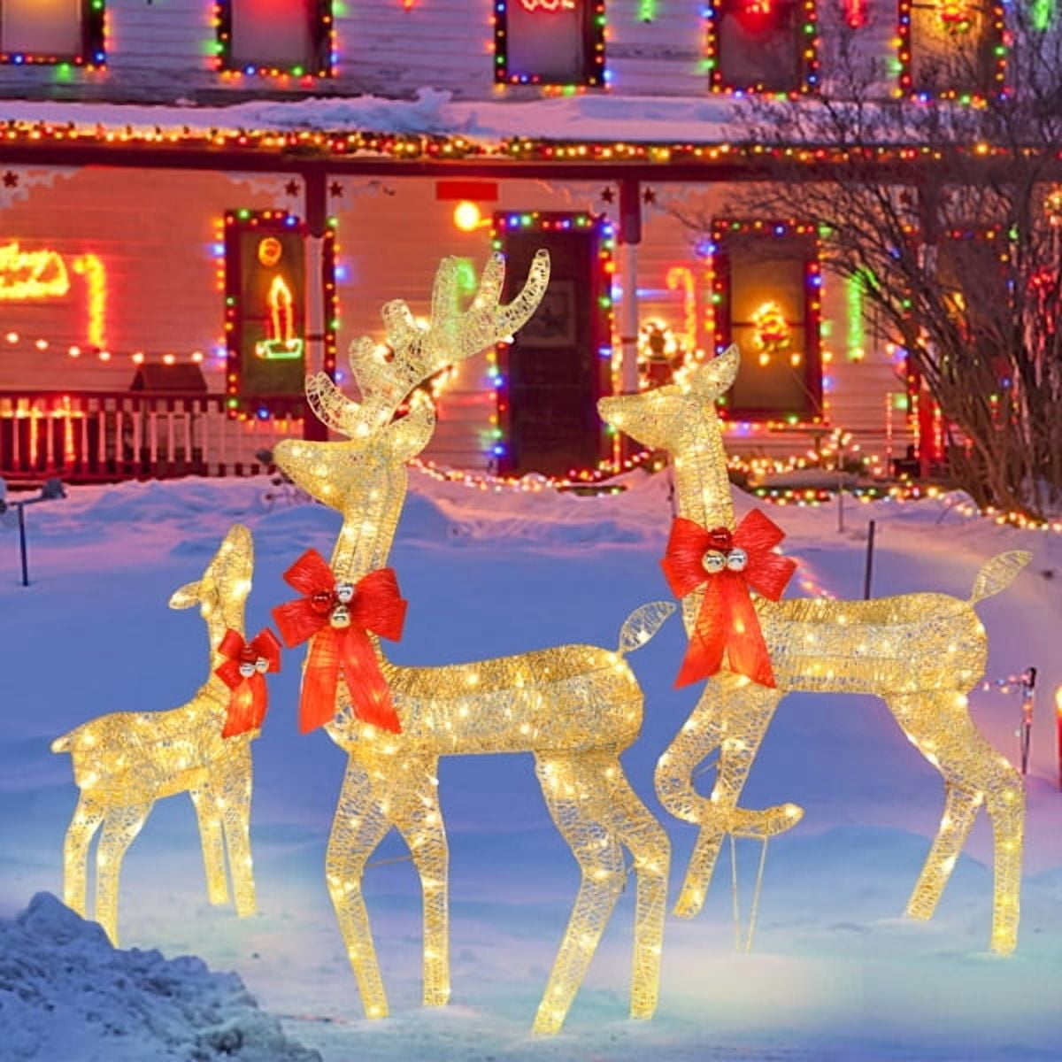 3-Piece Christmas Golden Elk Decoration Set - Male/Doe/Fawn, Iron Frame ...