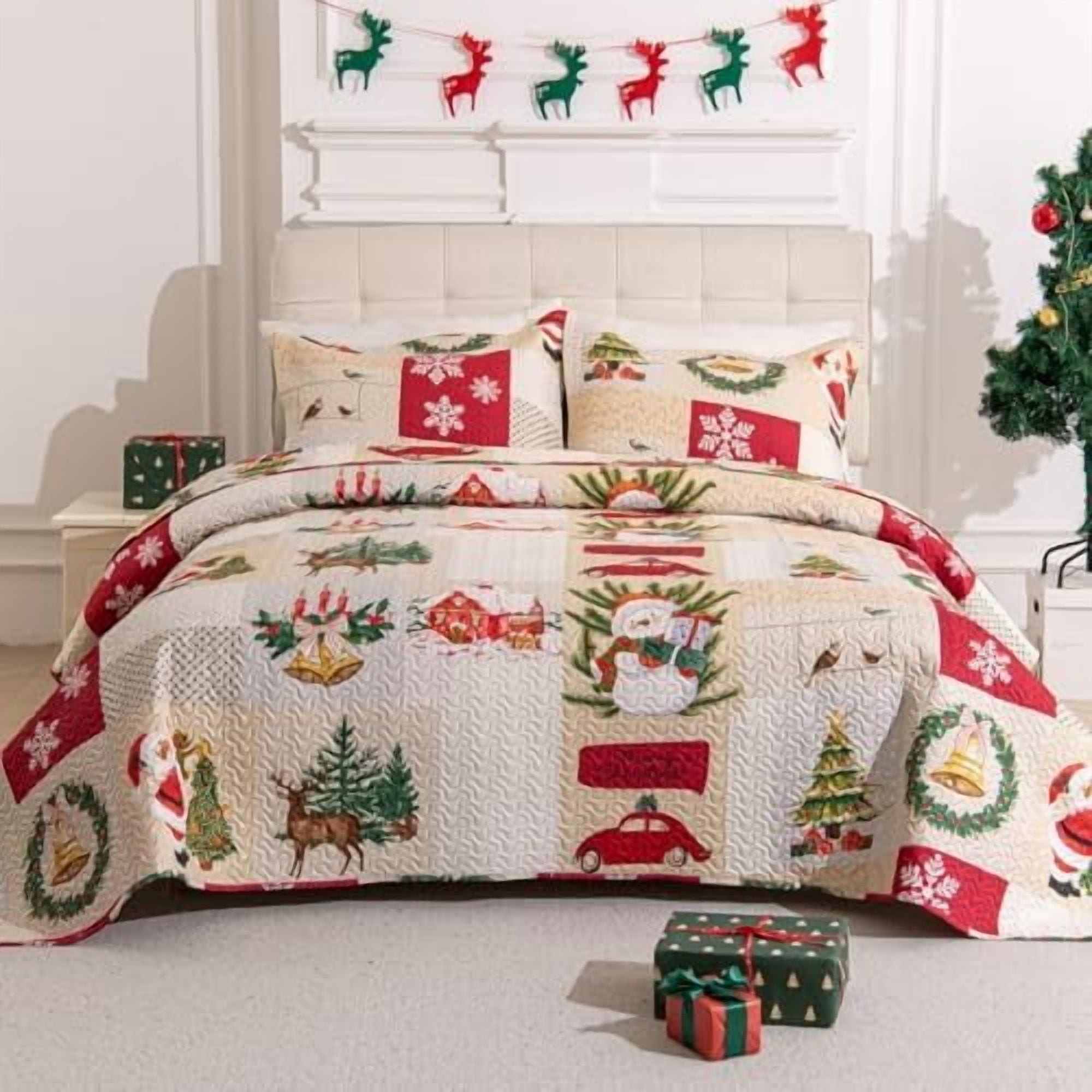 3-Piece Christmas Quilt Set Queen/Full Size Cozy Xmas Santa Claus ...