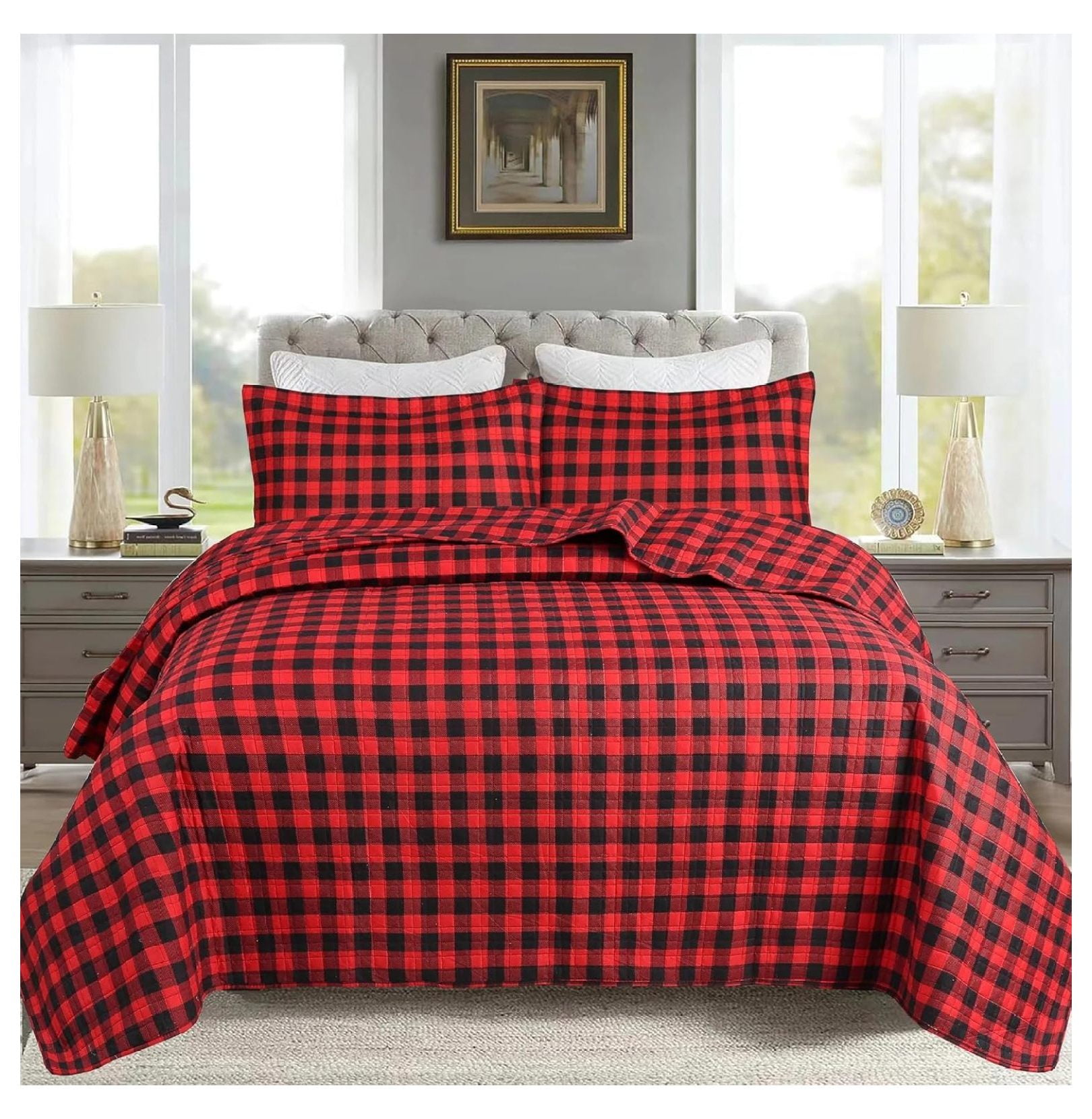 3 Piece Christmas Quilt Set, Rustic Deer Quilt Bedspread Throw Blanket ...