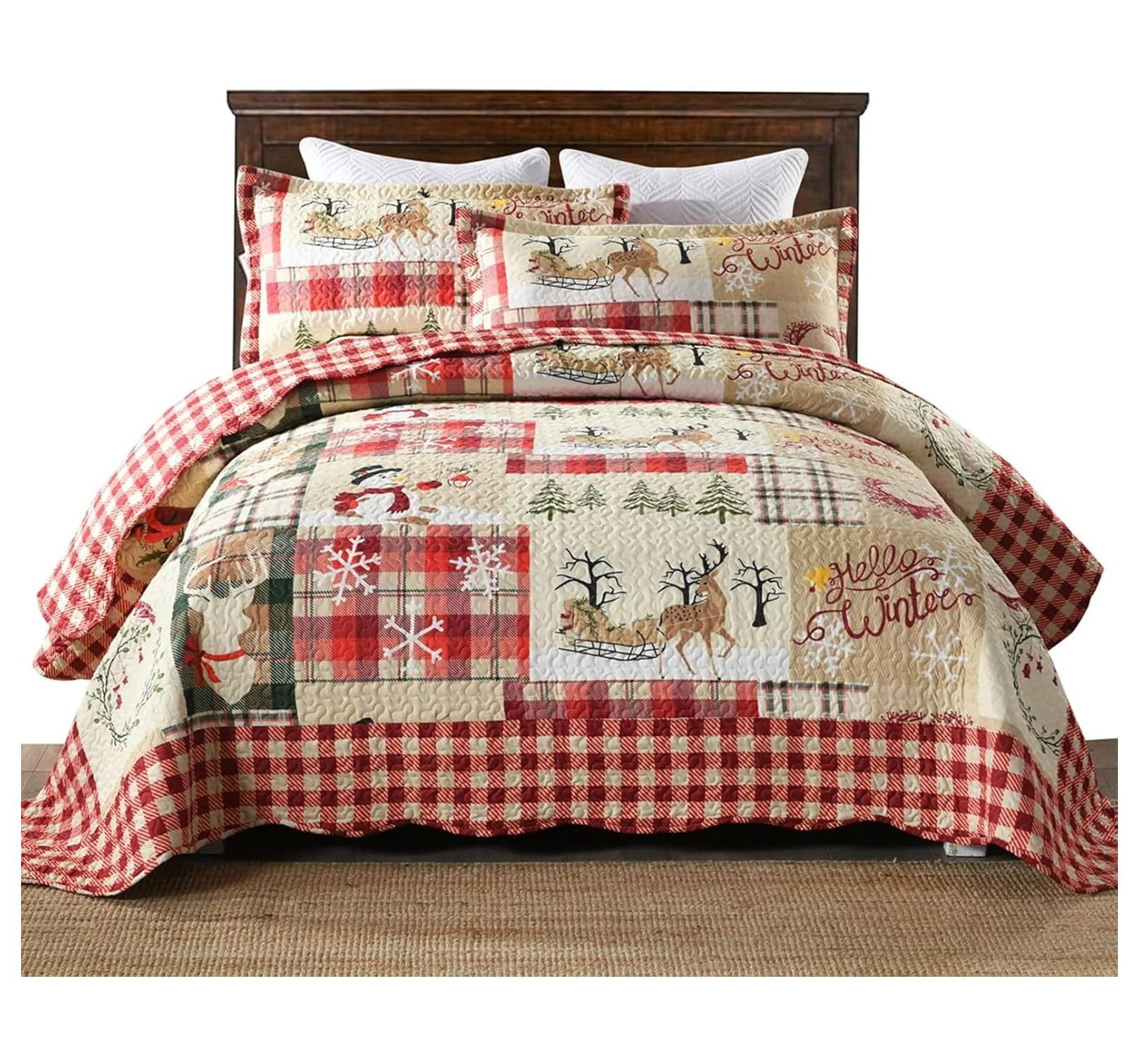 3 Piece Christmas Quilt Set, Rustic Deer Quilt Bedspread Throw Blanket ...