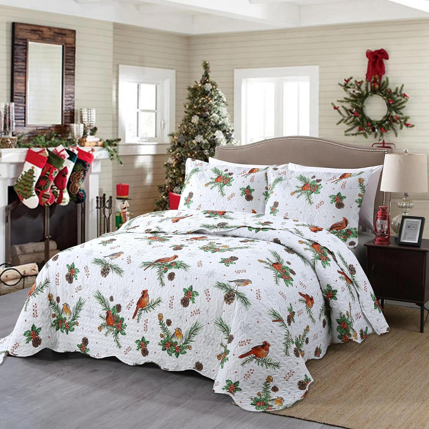 3 Piece Christmas Quilt Set, Rustic Lodge Deer Quilt Bedspread Throw ...