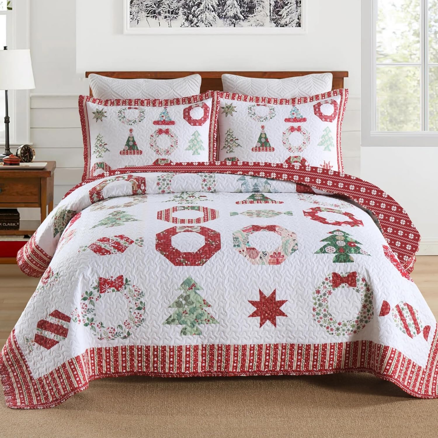 3 Piece Christmas Quilt Set, Rustic Lodge Deer Quilt Bedspread Throw ...