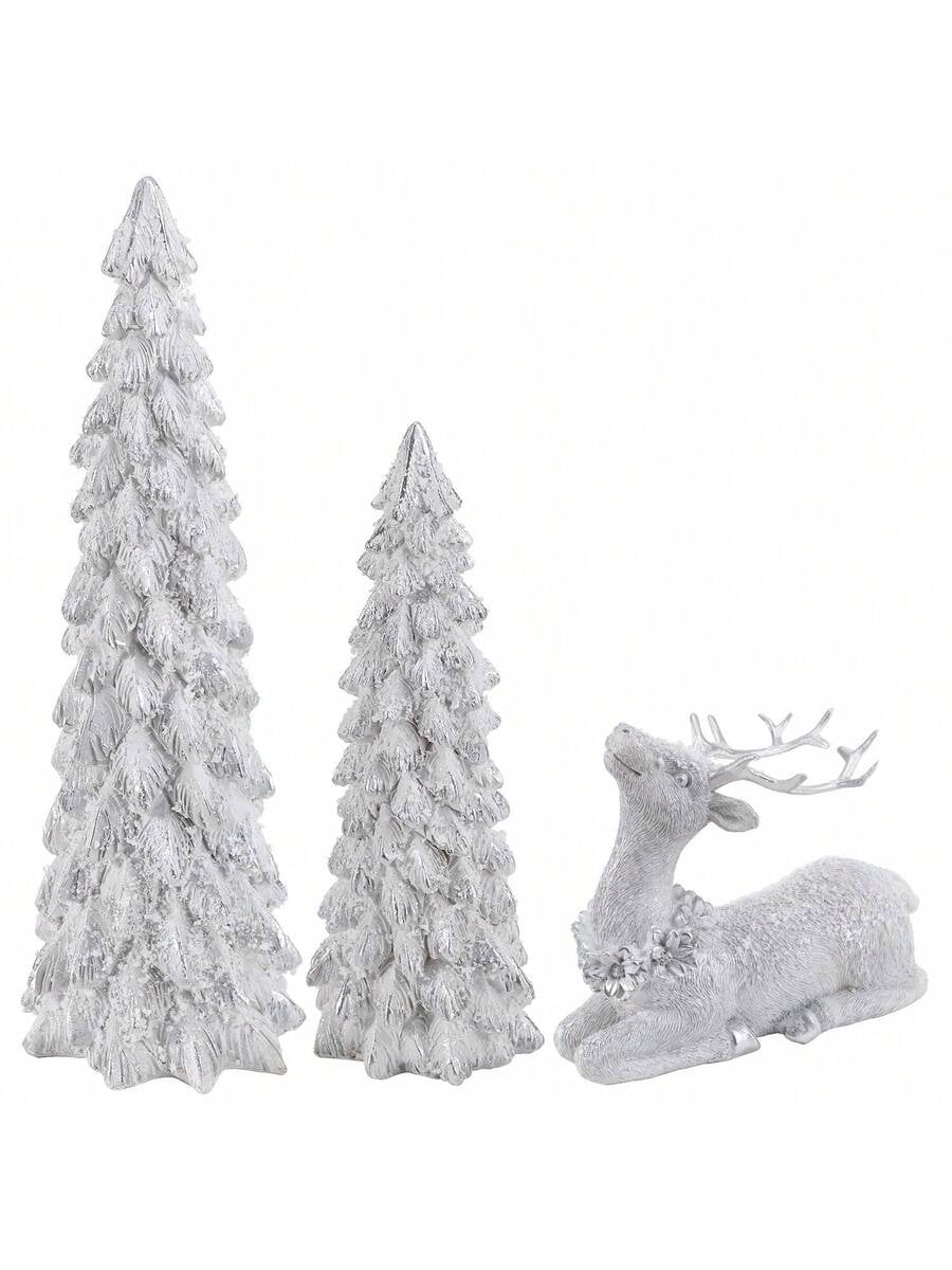 3-Piece Christmas Resin Decor Set - 2 Tree Statues & 1 Retro Deer ...