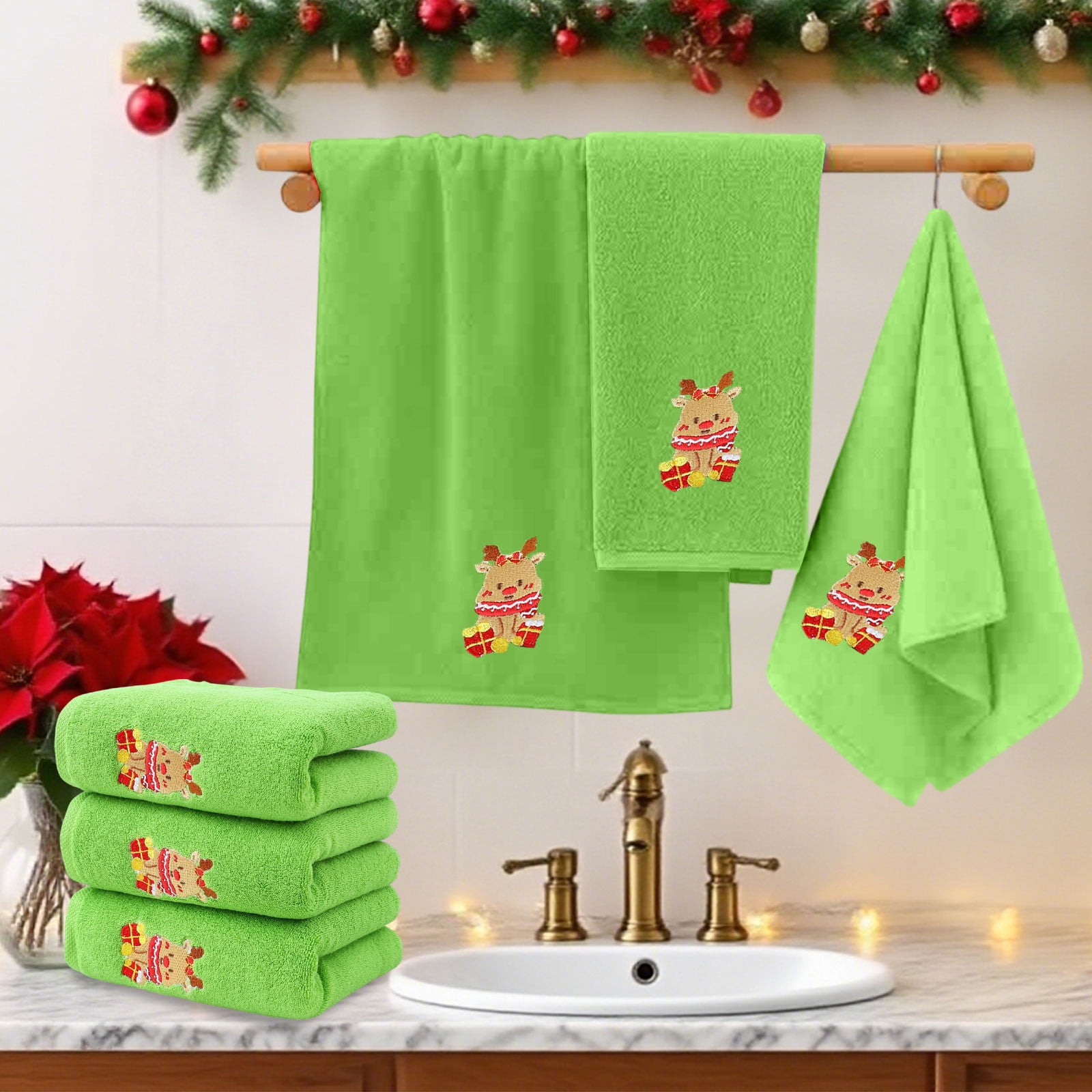 3 Piece Christmas Themed Embroidered Towels, Comfortable Household ...