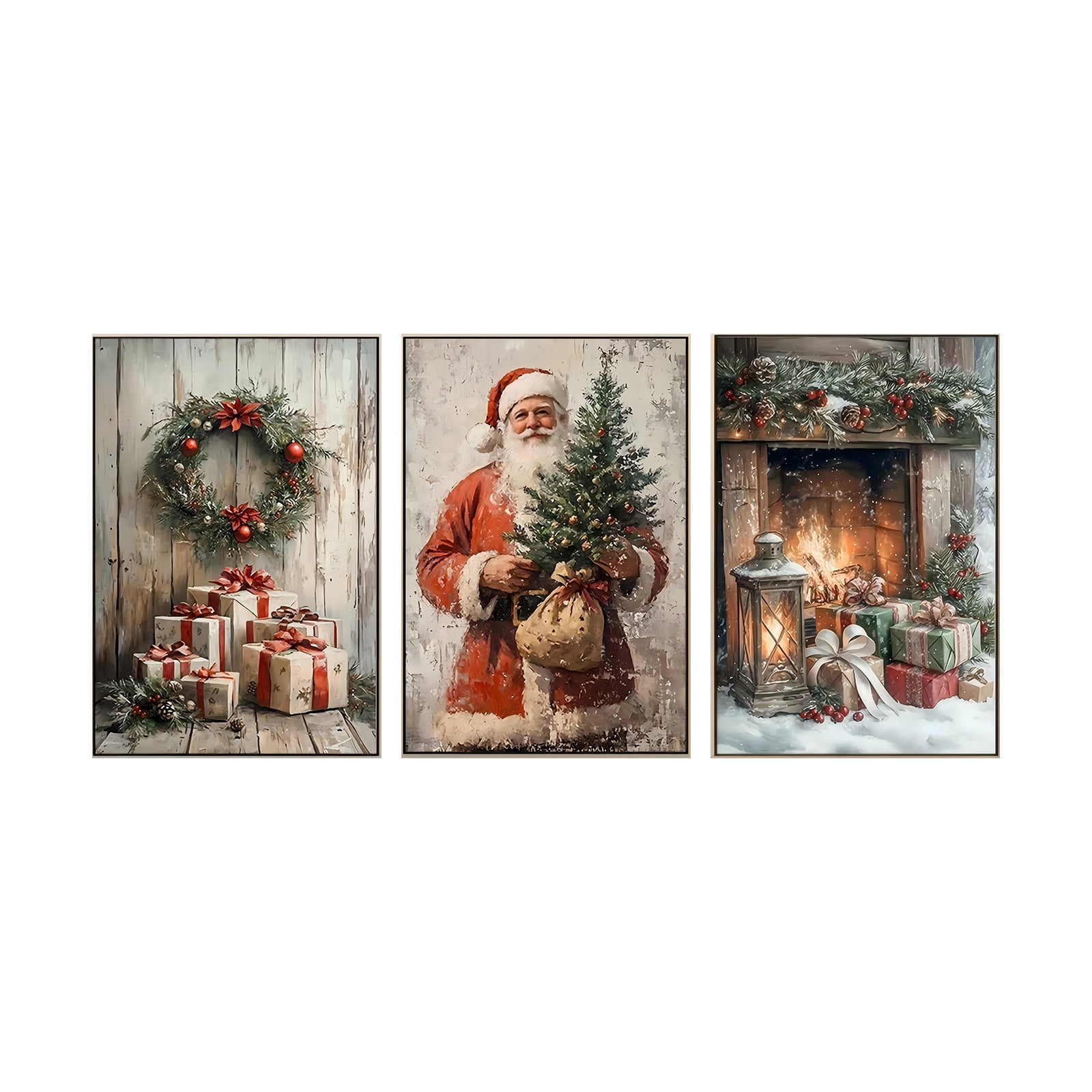 3-Piece Christmas Wall Art Print Set - Santa Reading Book Rustic ...