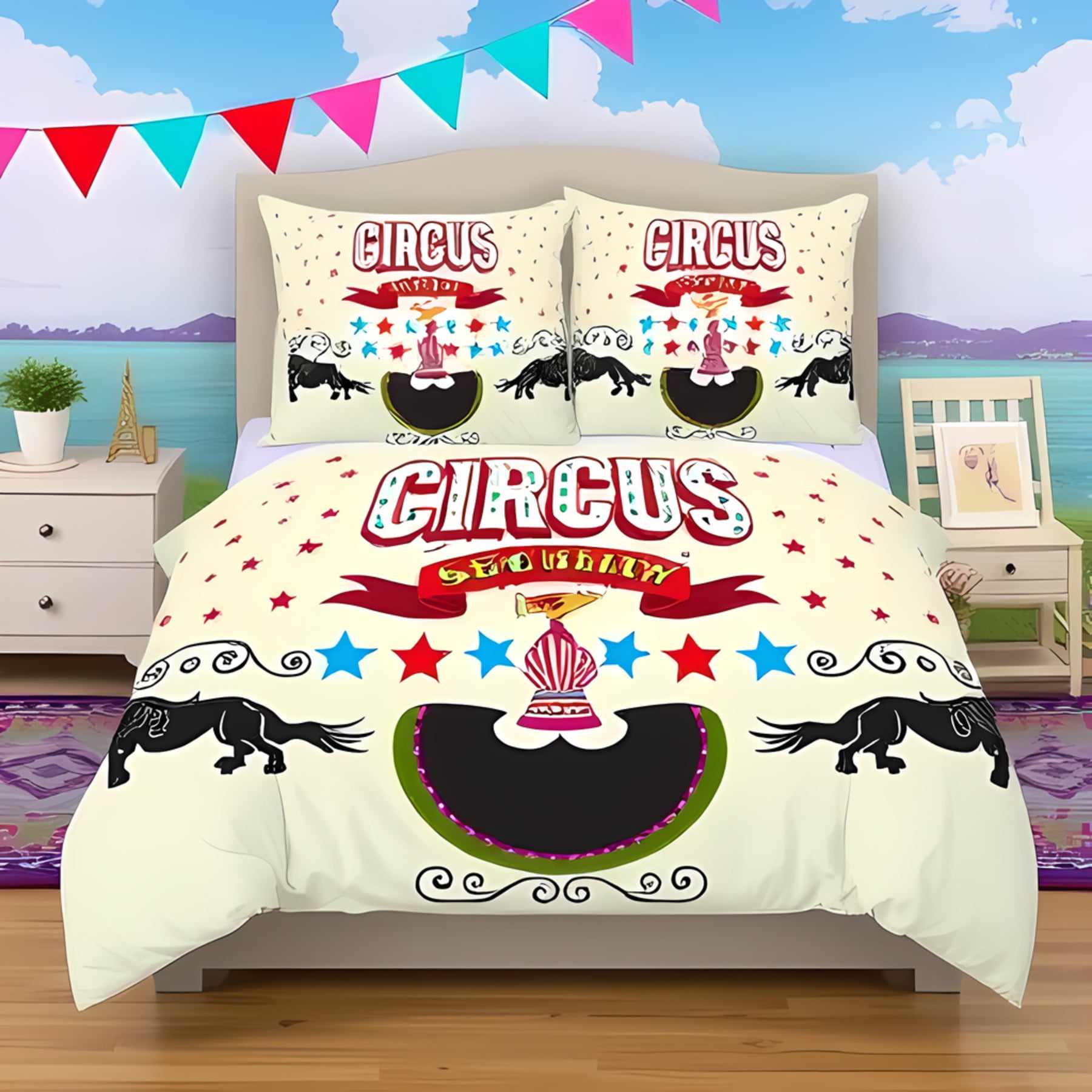 3-Piece Circus Themed Duvet Cover Set with Colorful Stars Whimsical ...