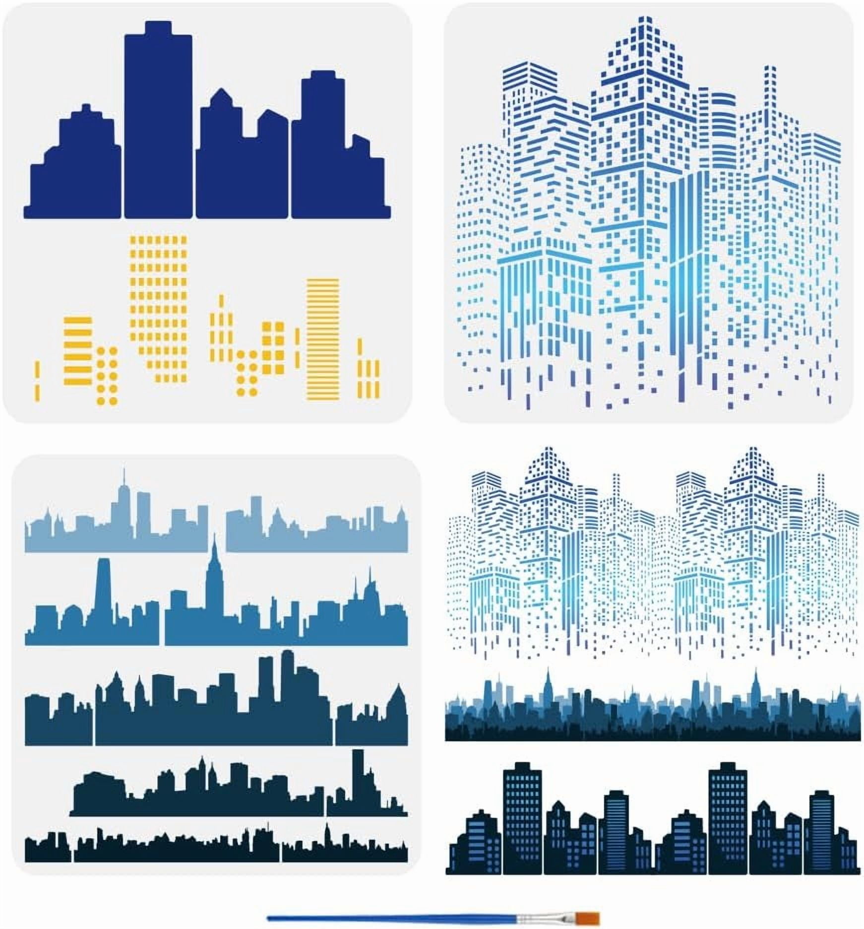 3-Piece City Buildings Painting Stencil Set with Brush 11.8x11.8 Inch ...