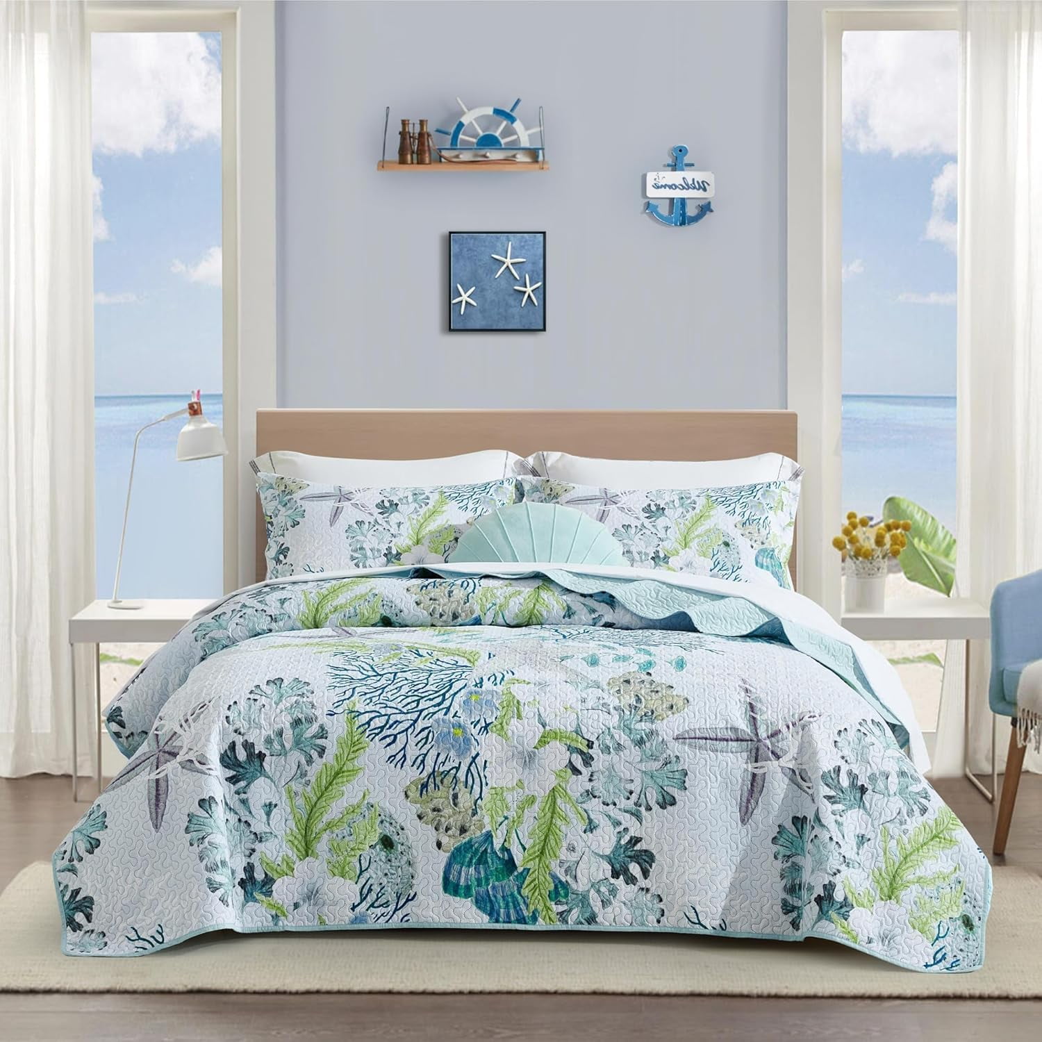 3 Piece Coastal Beach Quilt Set King Size Ocean Beach Themed Bedding ...