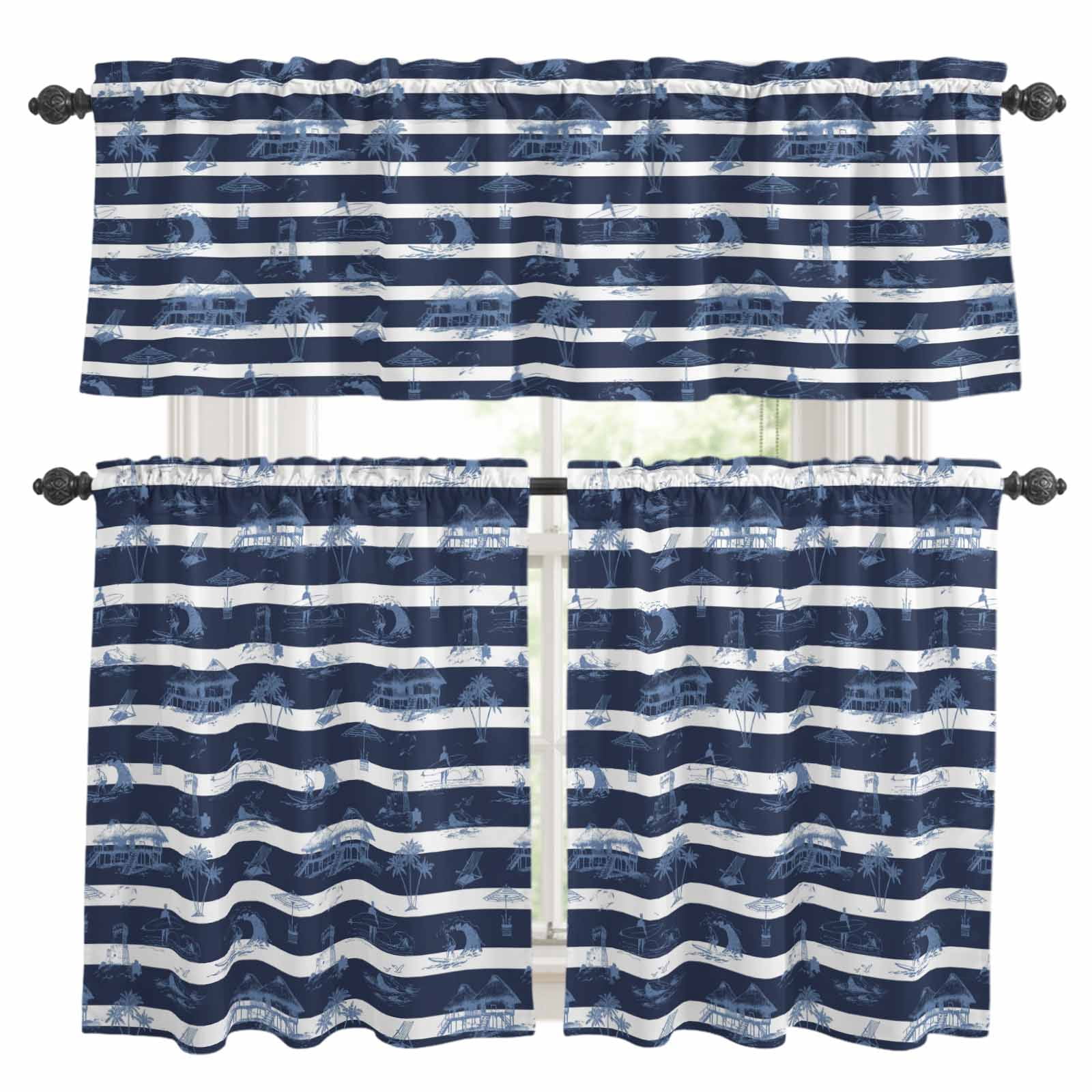 3 Piece Coastal Holiday Kitchen Curtain Valance and Tiers Set Ocean ...