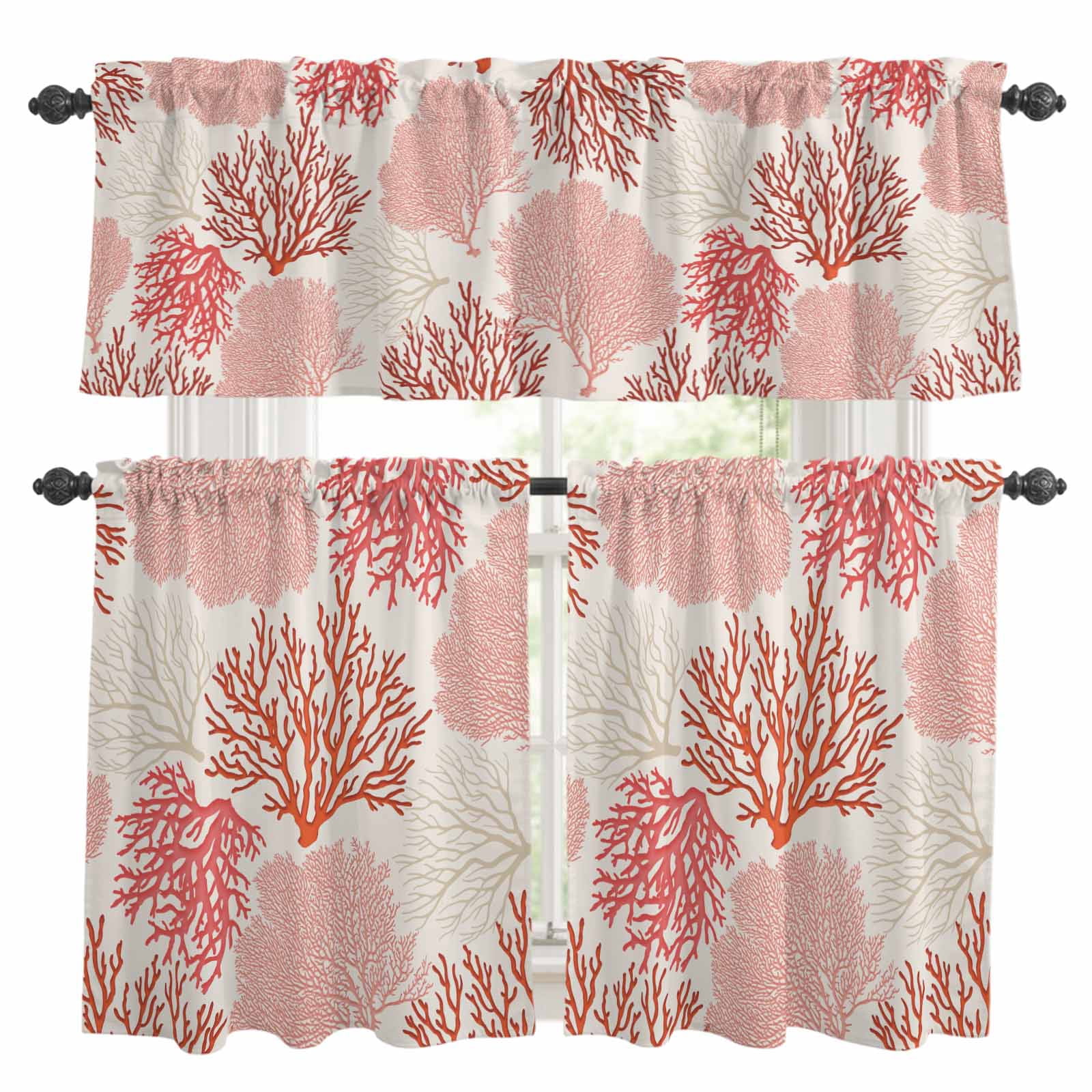 3 Piece Coastal Ocean Coral Kitchen Curtain Valance and Tiers Set Red ...