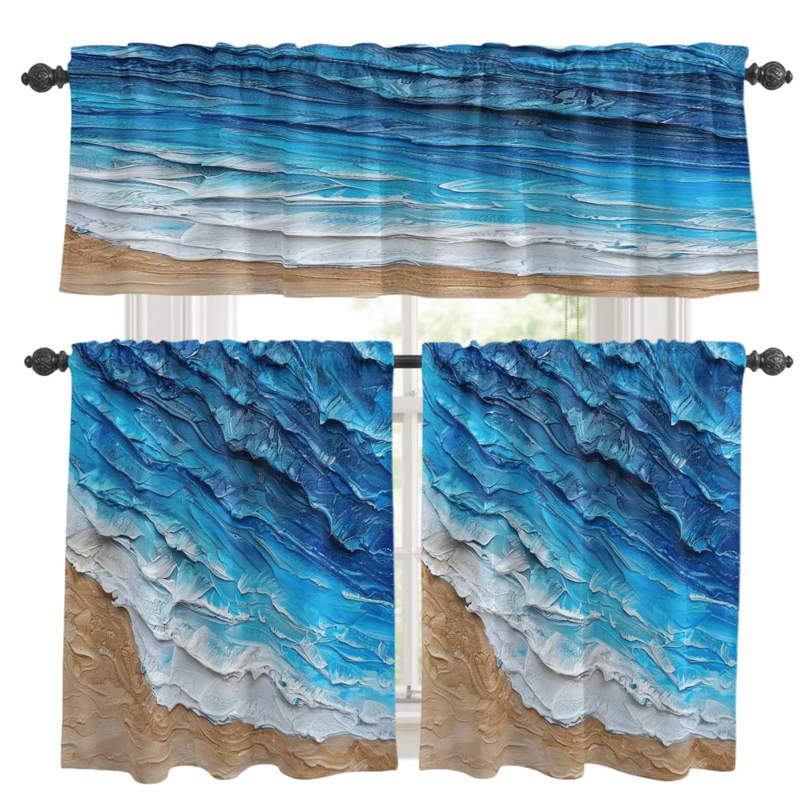 3 Piece Coastal Ocean Kitchen Curtain Valance and Tiers Set Beach Dark ...
