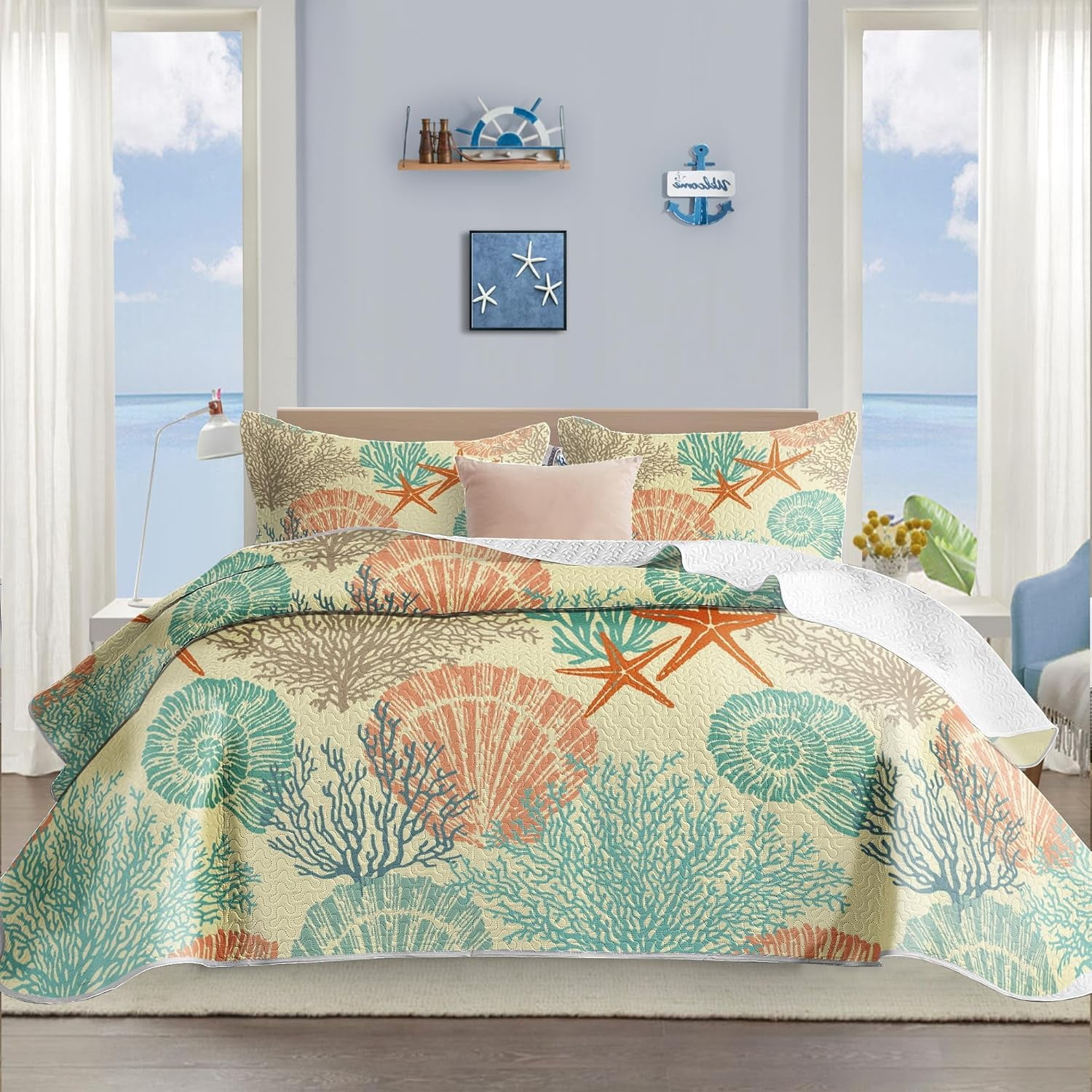 3 Piece Coastal Quilt Sets King Size - Reversible Microfiber Quilts ...