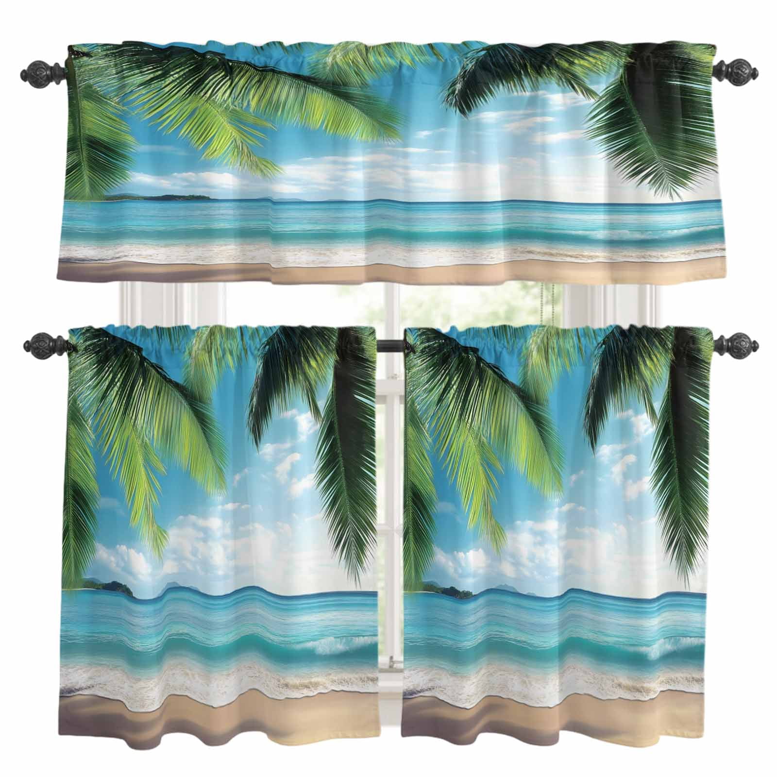 3 Piece Coconut Tree Kitchen Curtain Valance and Tiers Set Beach Blue ...