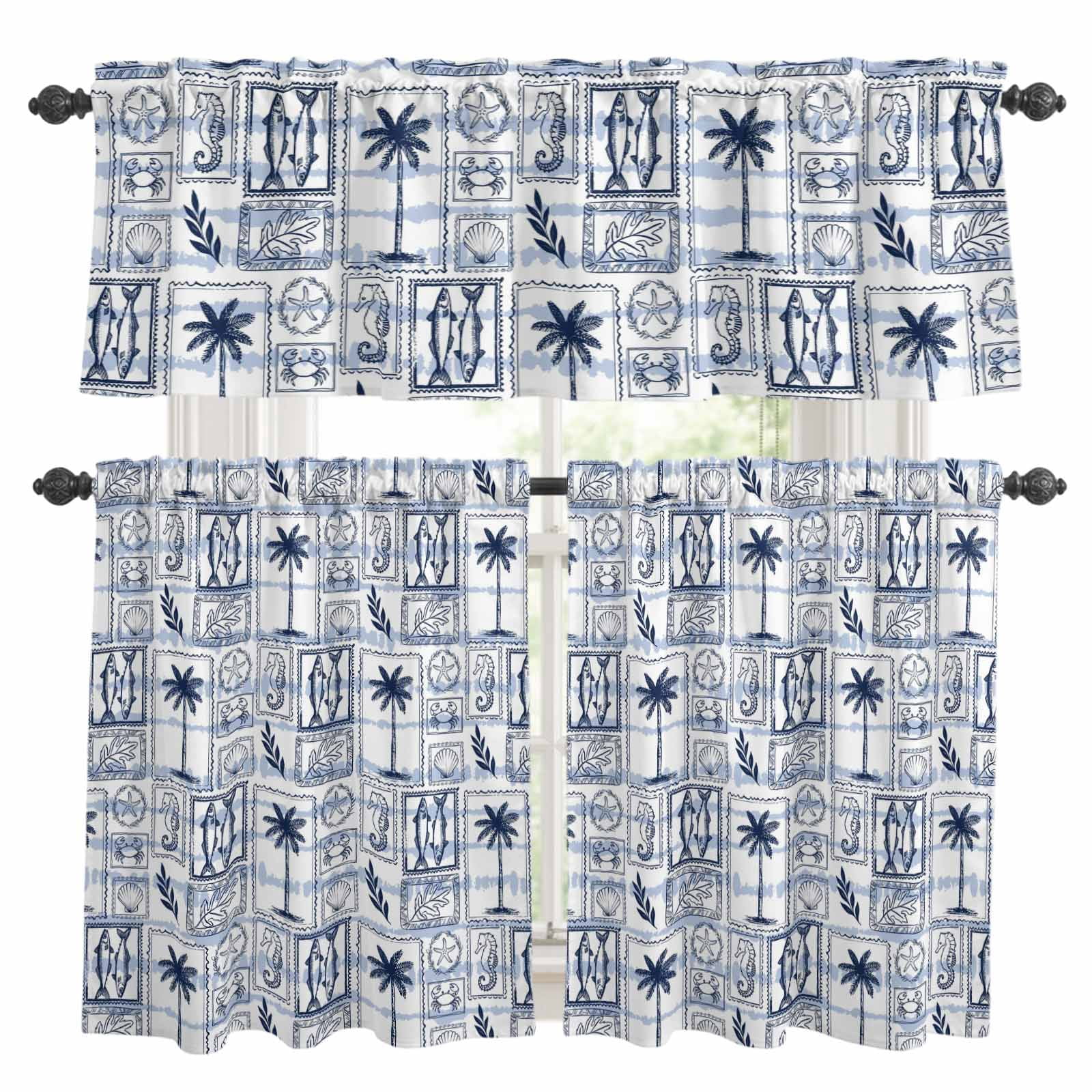 3 Piece Coconut Tree Kitchen Curtain Valance and Tiers Set Summer Shell ...