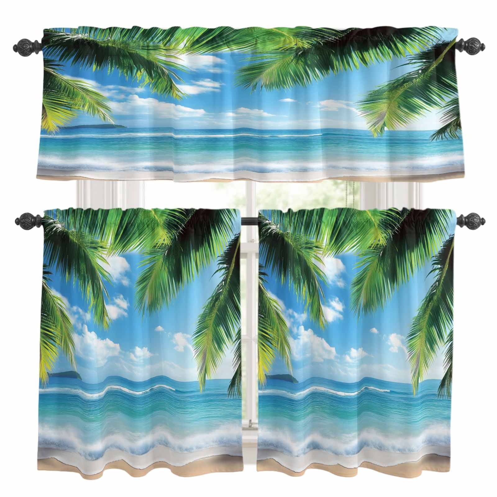 3 Piece Coconut Tree Kitchen Curtain Valance and Tiers Set Tropical ...