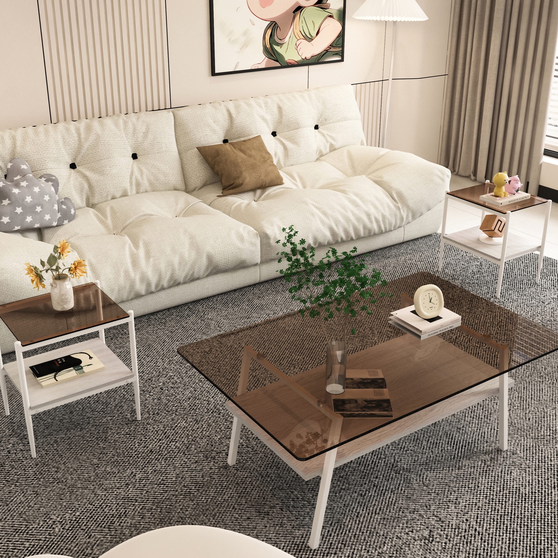 3 - Piece Coffee and End Tables Set | Smooth - Edged Tempered Glass ...