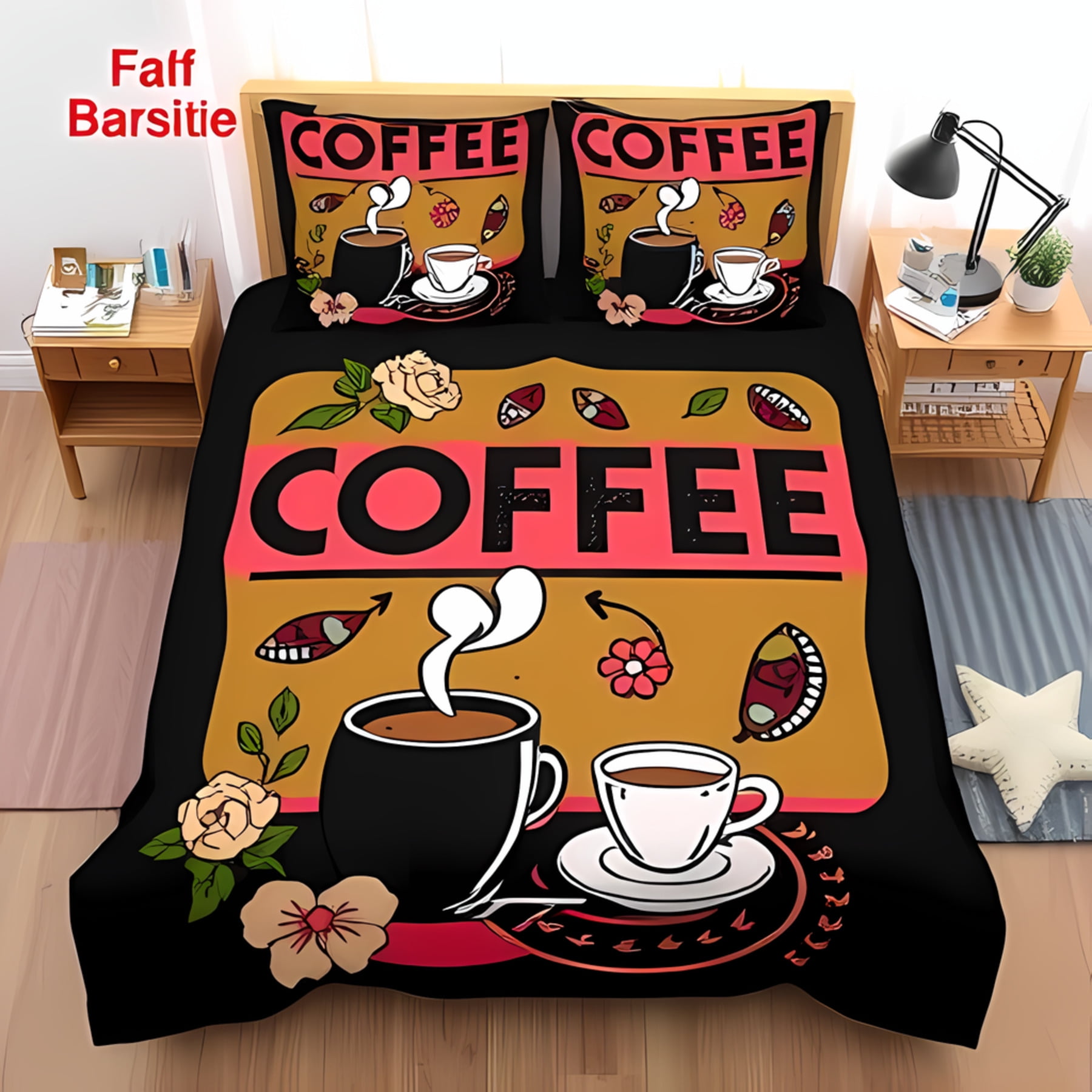 3-Piece Coffee Lover Duvet Cover Set - Bold 'COFFEE' Design with Steaming Cups Flowers & Beans ...