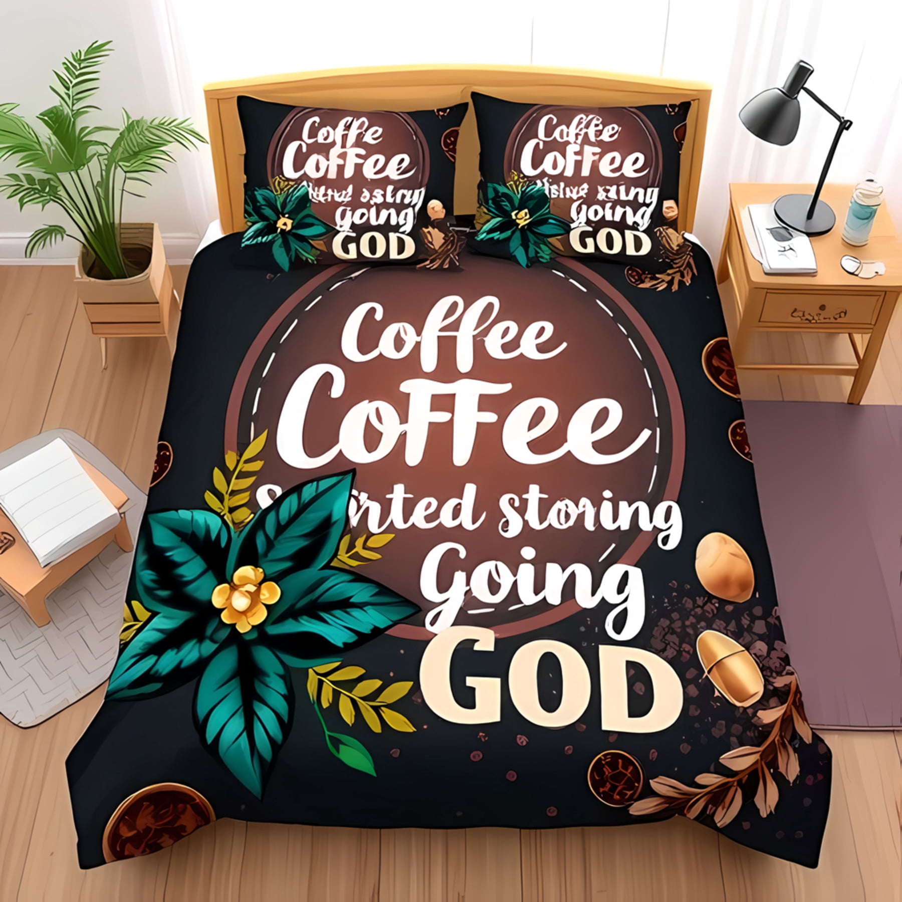 3-Piece Coffee Motif Duvet Cover Set with Inspirational Quotes Vibrant ...