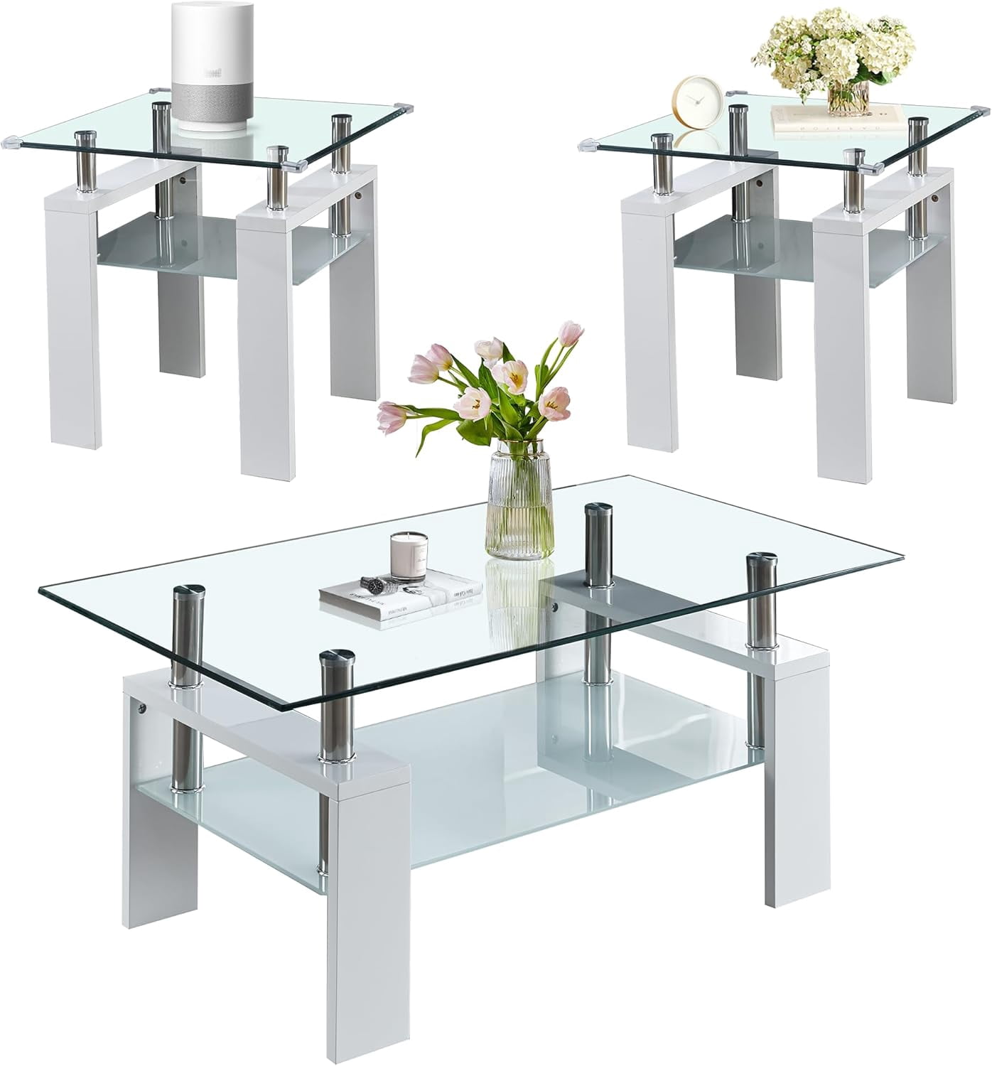 3-Piece Coffee Table Set, 1 Coffee Table & 2 End Tables with 2-Tier ...